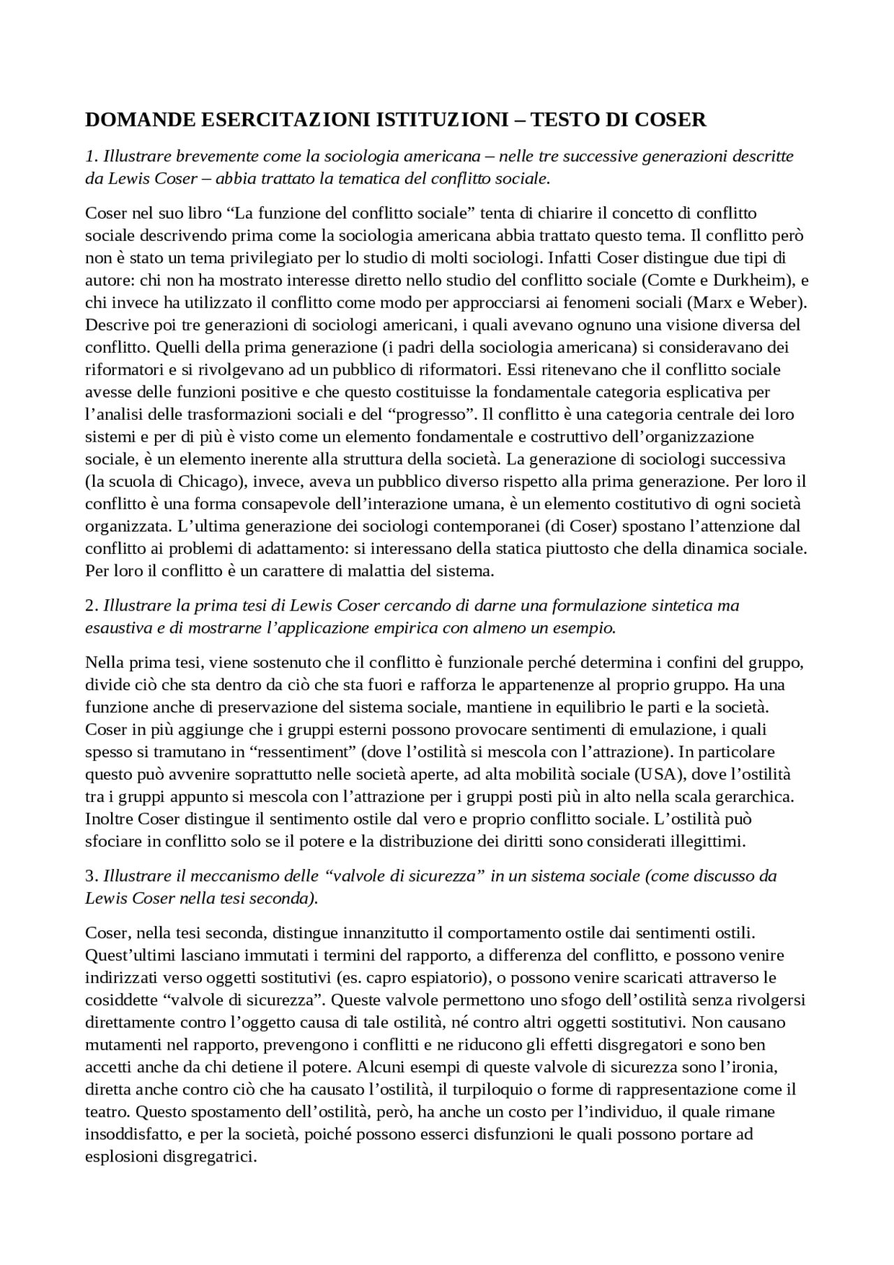Le Funzioni Del Conflitto Sociale Coser Esempi Di Domande Per L