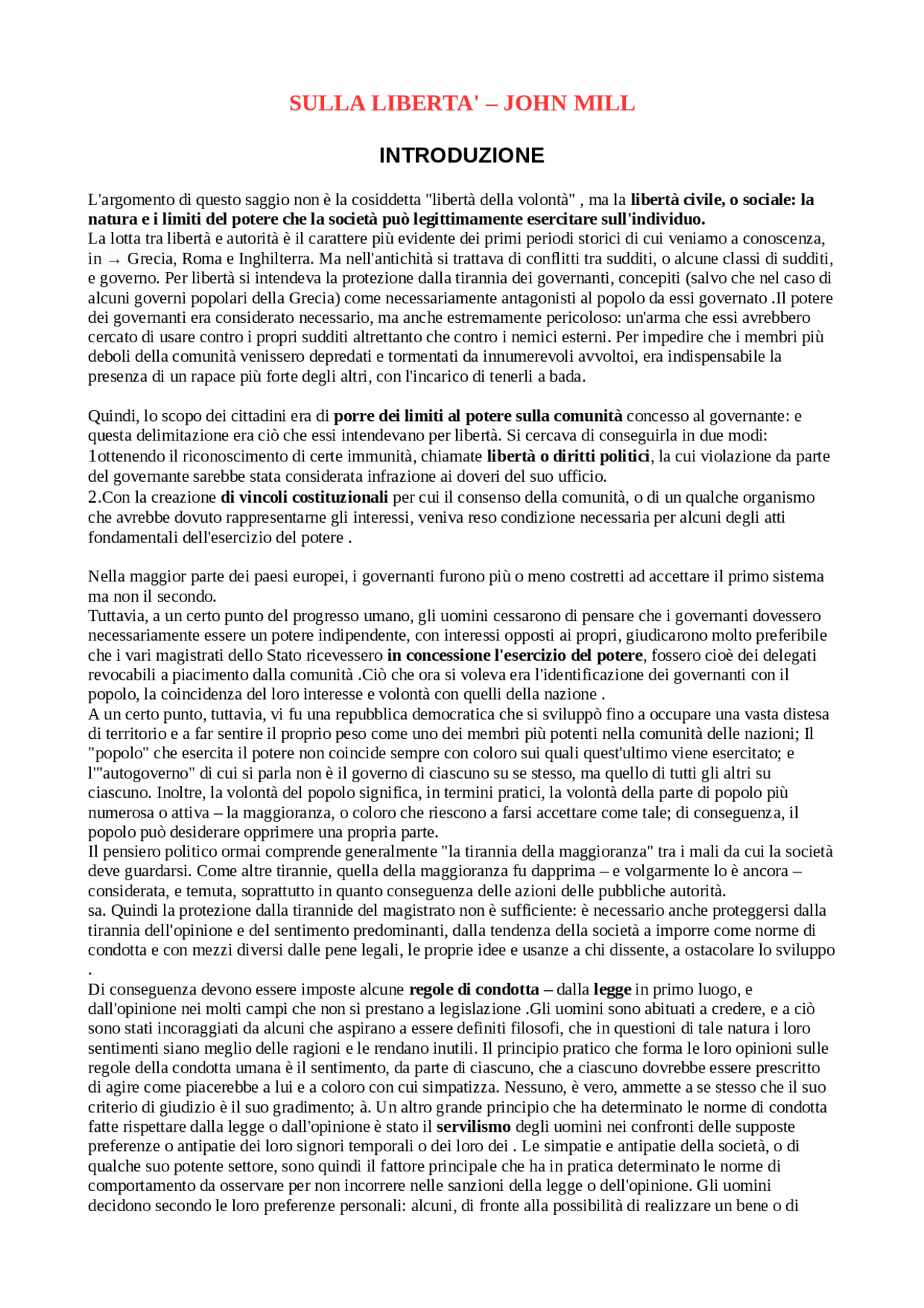 Sulla Libertà - John Stuart Mill - Docsity