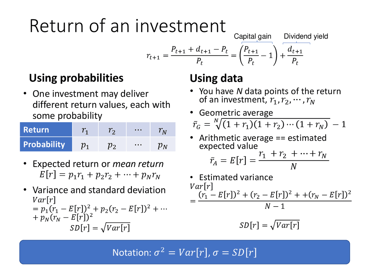 Return of an investment (formulas) - Docsity