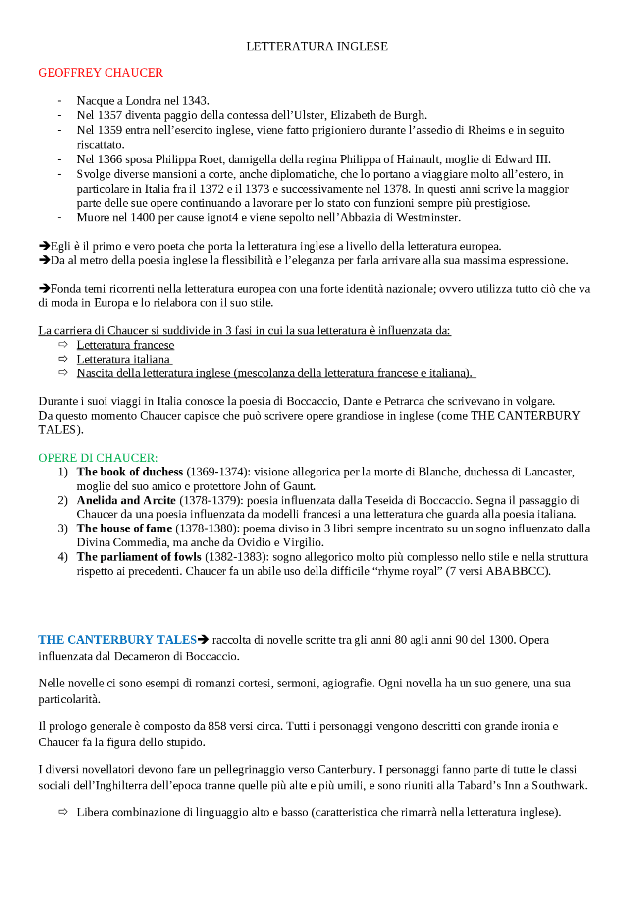Letteratura inglese primo semestre - Docsity