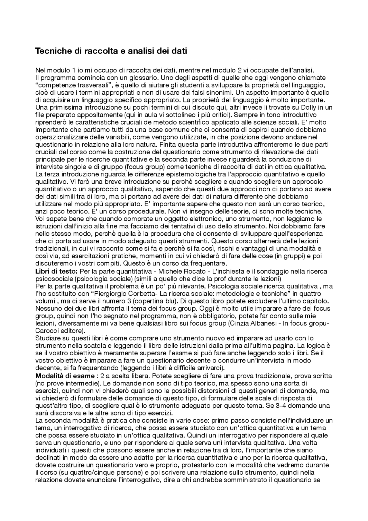Tecniche Di Raccolta E Analisi Dei Dati Docsity