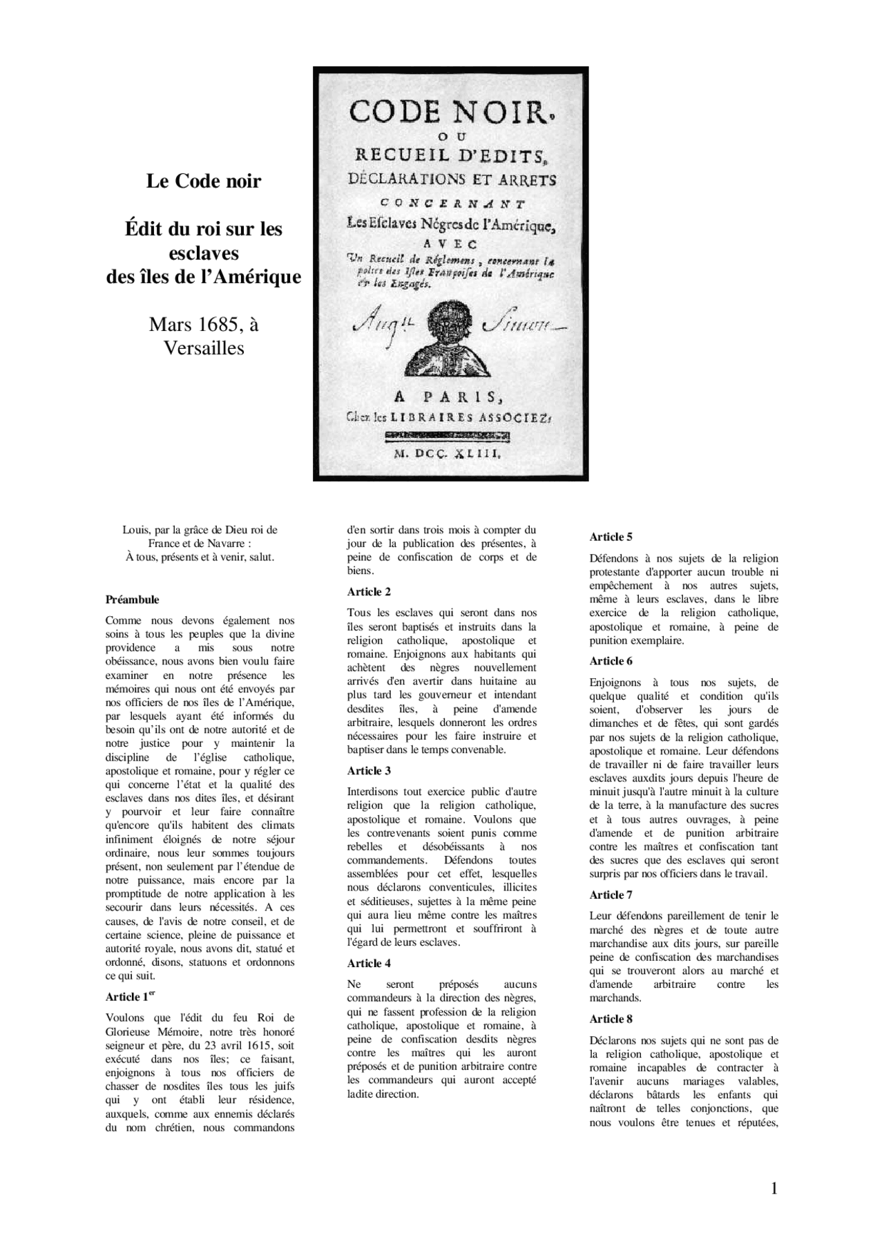 Le Code Noir - 1865 - texte integral - Docsity