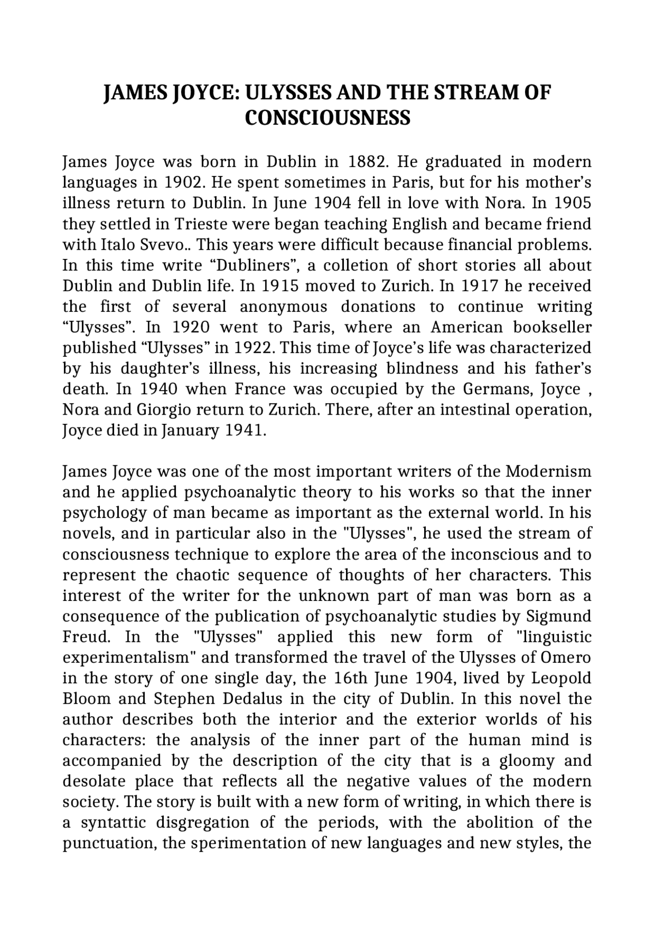 James Joyce Ulysses And The Stream Of Consciousness Docsity