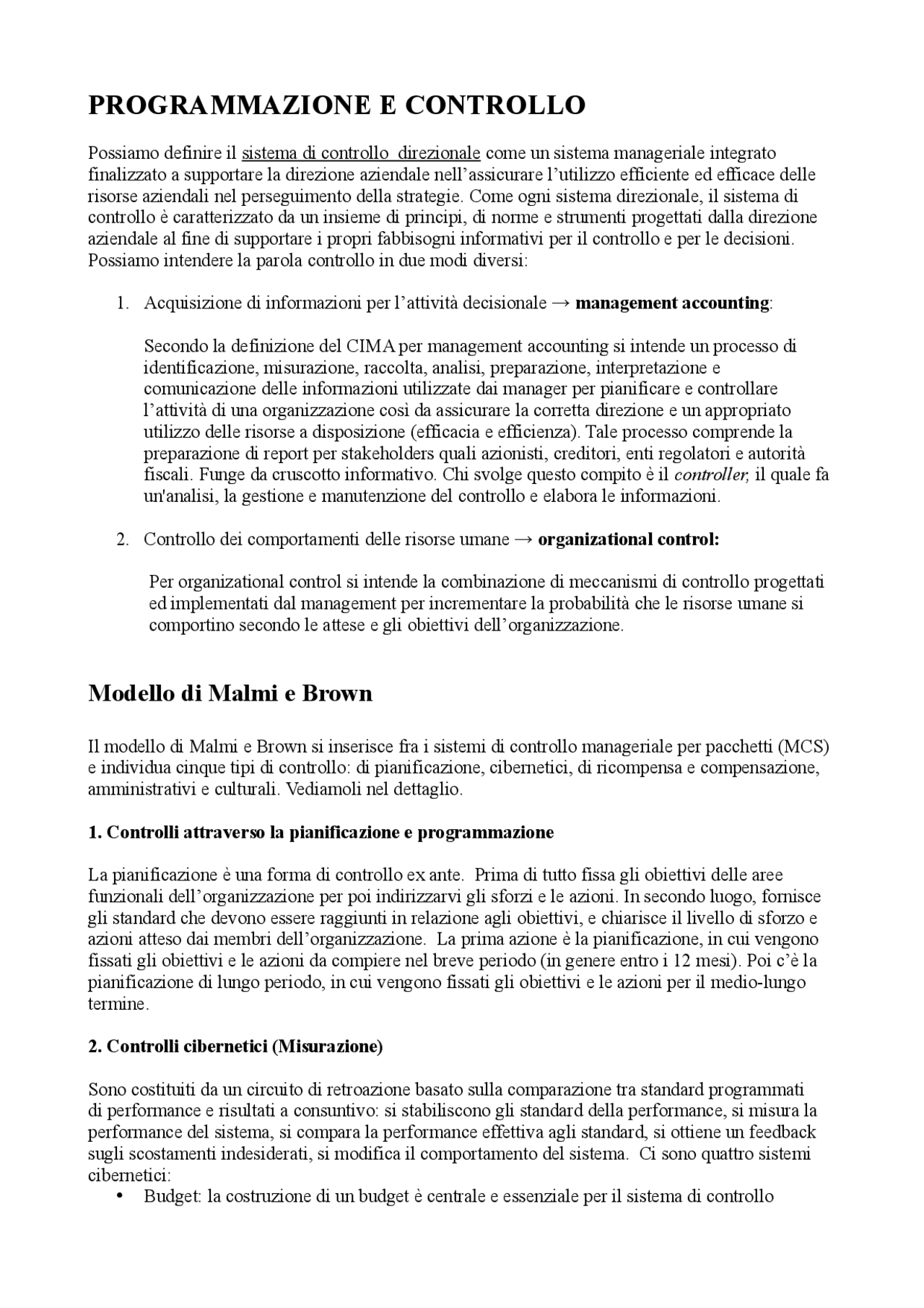 Riassunto Programmazione E Controllo Docsity