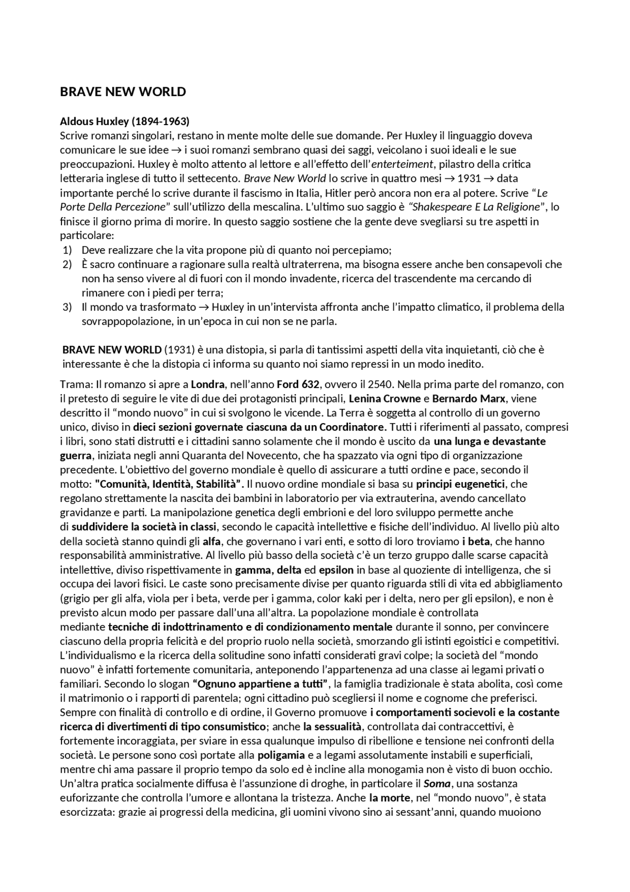 Appunti Su Brave New World Docsity