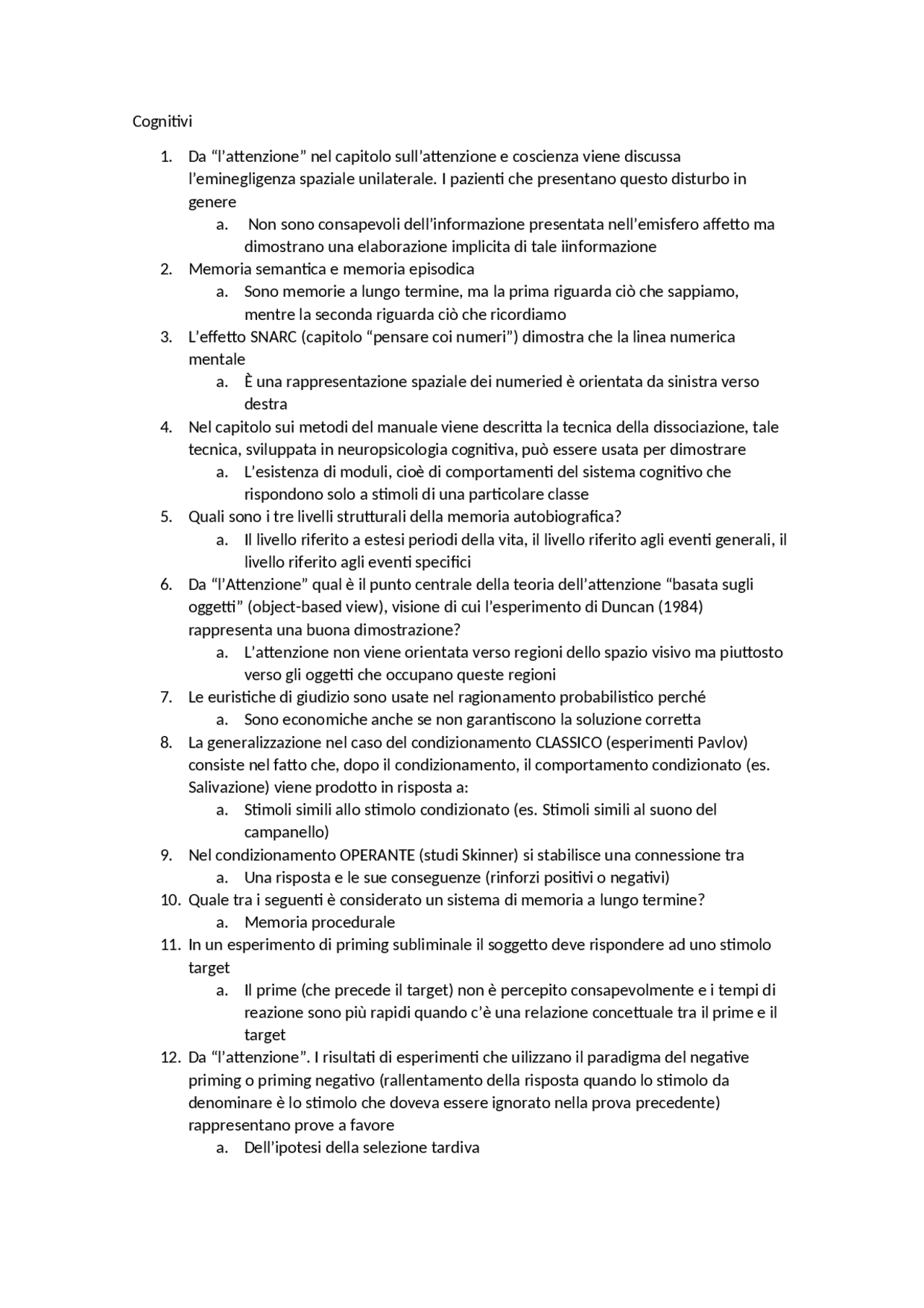 Domande Desame Psicologia Dei Processi Cognitivi Docsity