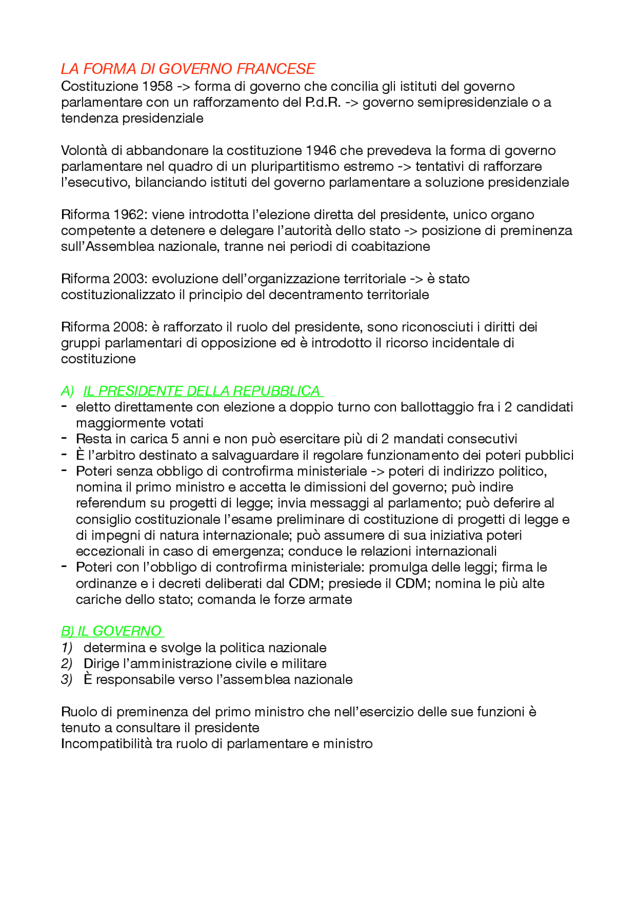 Forma di governo francese - Docsity