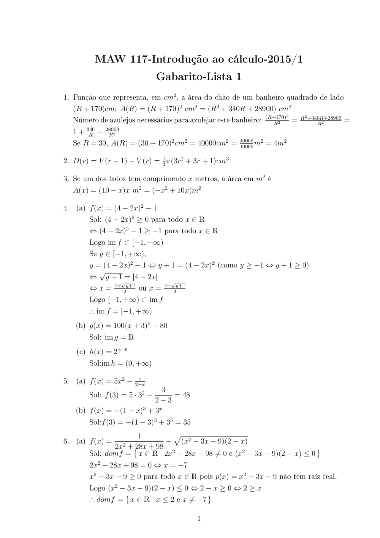 Lista De Exercicios De Calculo 1 Docsity