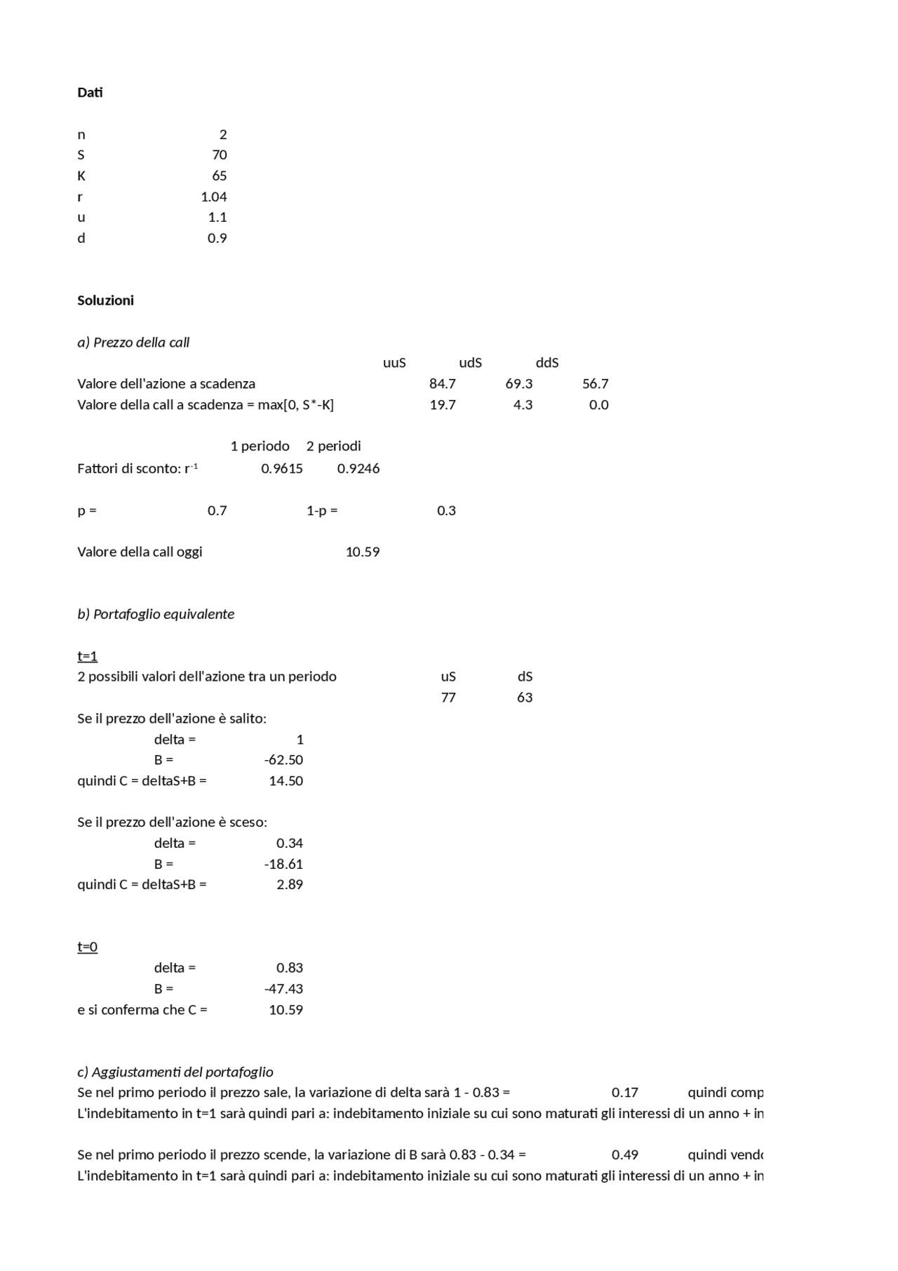 Soluzioni esercizi opzioni del corso di finanza aziendale - Docsity