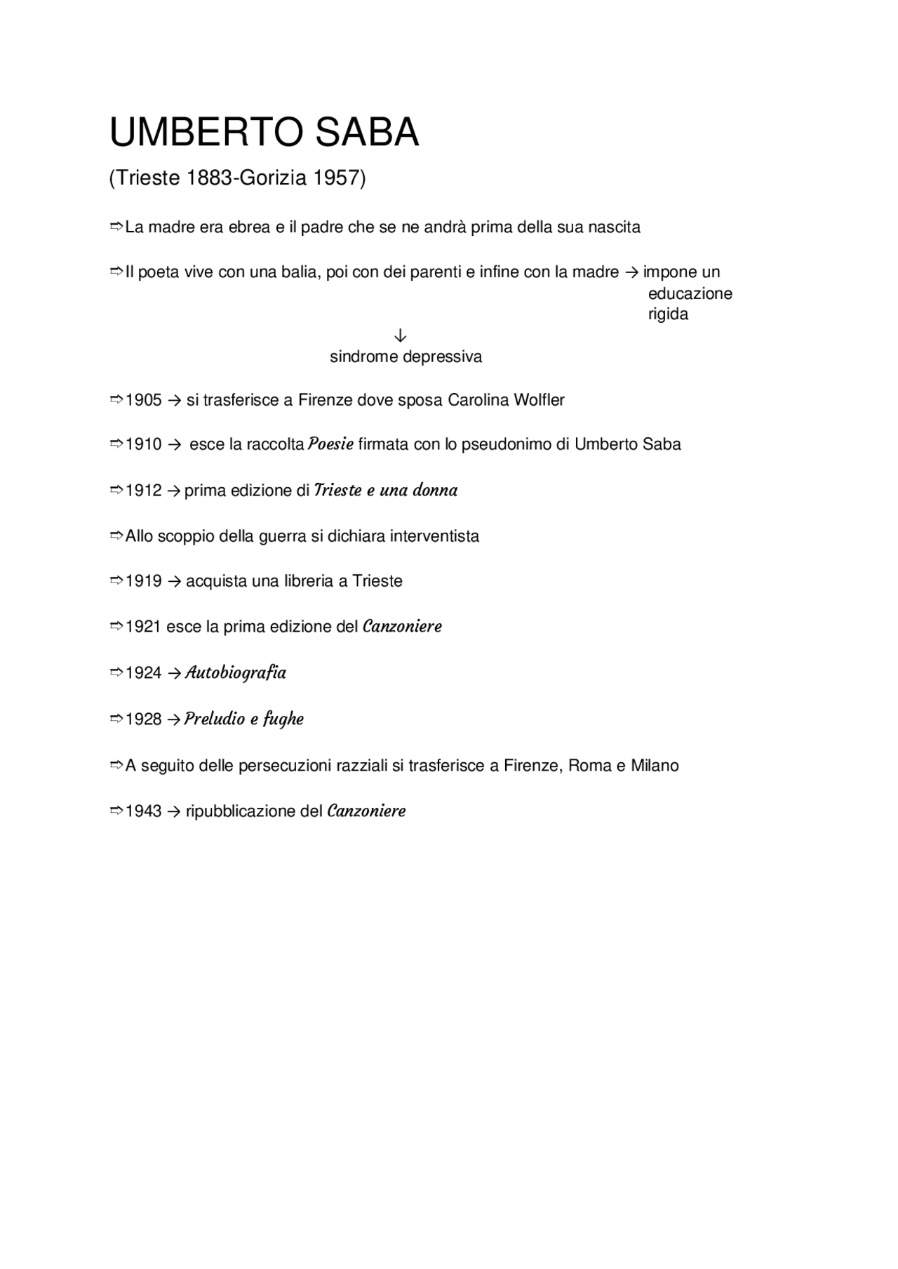 Appunti Presi A Lezione Di Umberto Saba Docsity