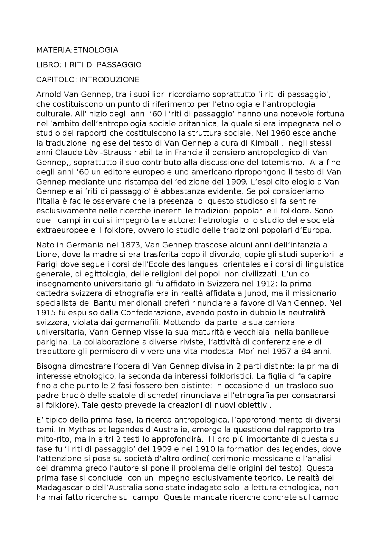 Introduzione Testo Riti Di Passaggio Di Van Gennep Docsity
