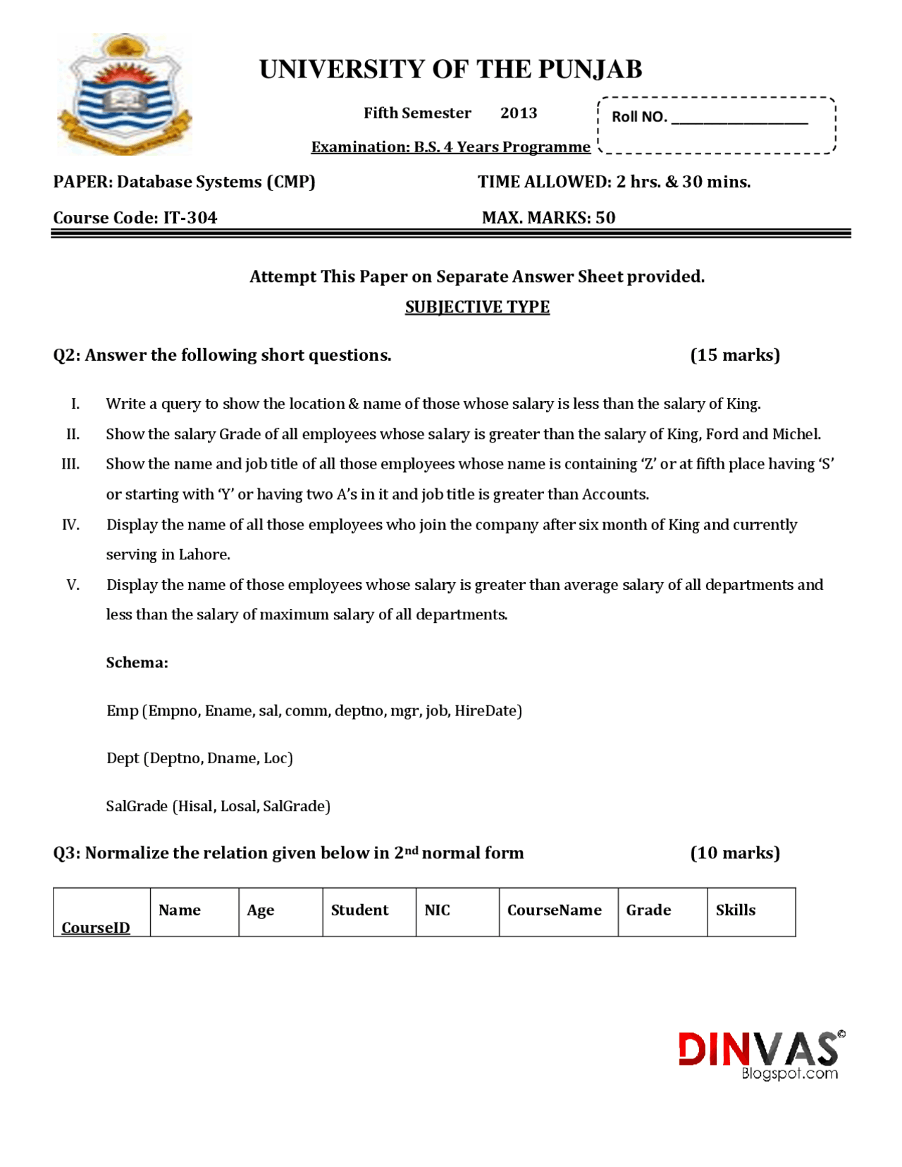Pu Database Past Papers Exams Database Management Systems Dbms Docsity