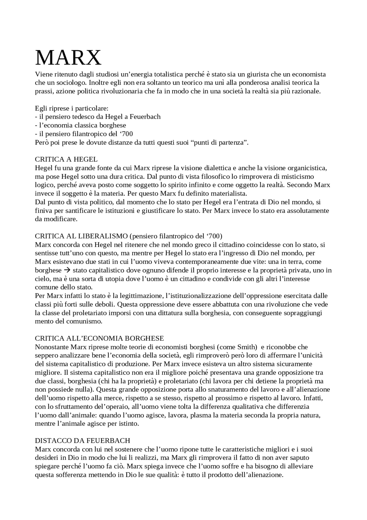 Marx In Sintesi Appunti Docsity
