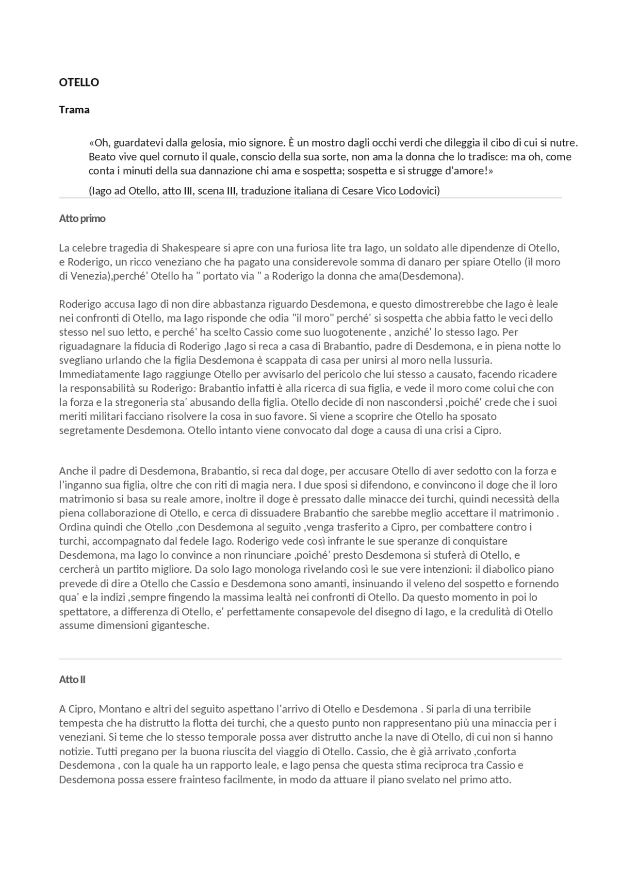 Otello Shakespeare - Docsity