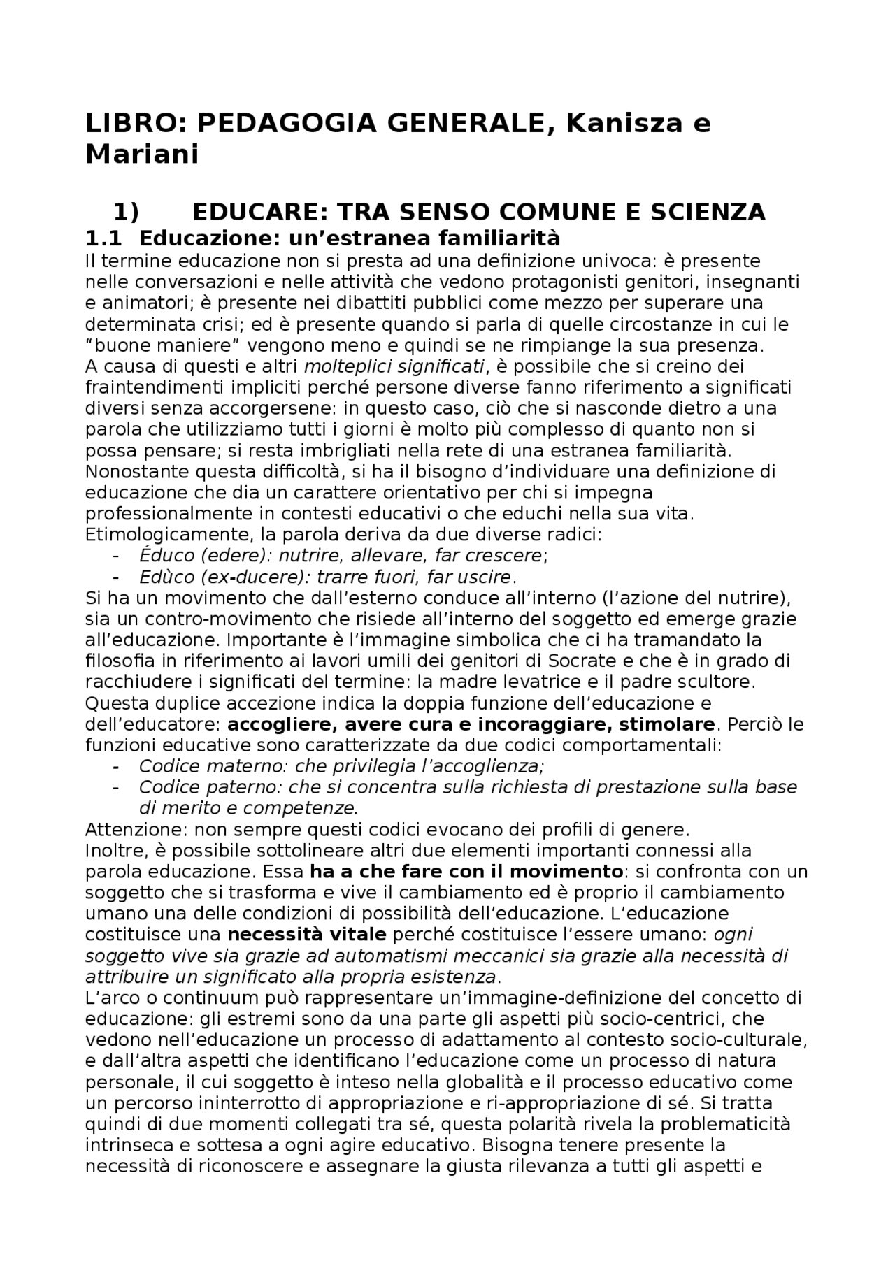 Pedagogia Generale Scienze Dell Formazione Primaria Sintesi Del