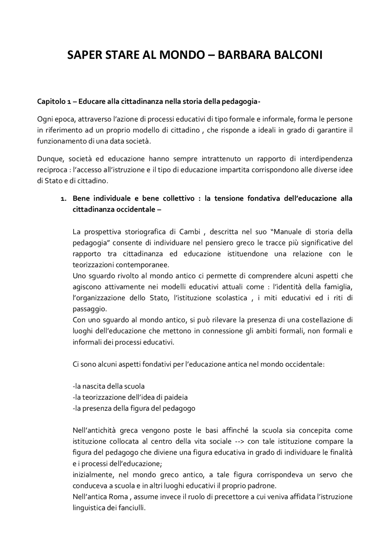 Riassunto Saper Stare Al Mondo Barbara Balconi Docsity