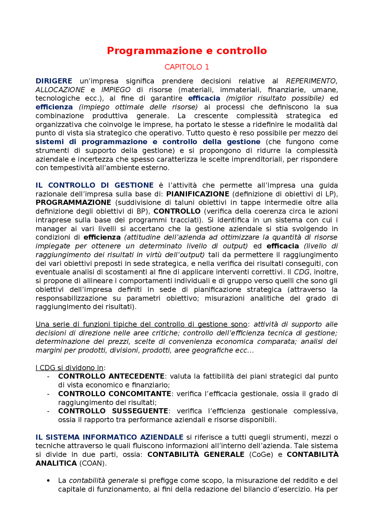 Capitolo 1 - Programmazione e Controllo | Appunti di Programmazione e controllo | Docsity