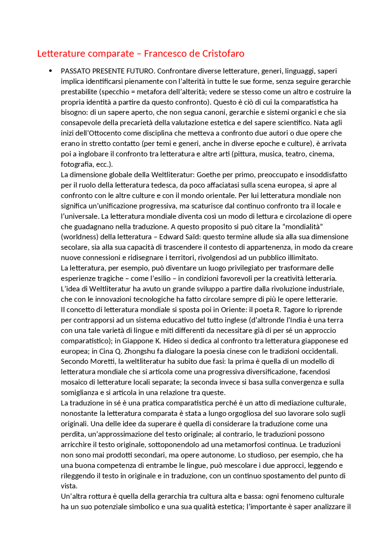 Letterature Comparate Francesco De Cristofaro Docsity