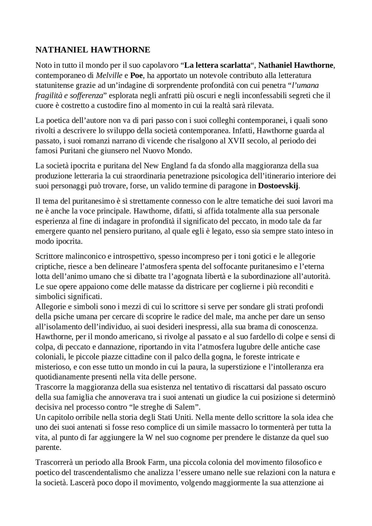 Riassunto Sullautore Hawthorne Docsity
