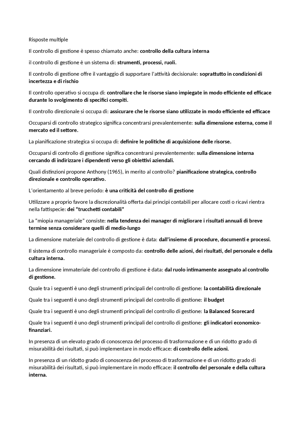 Programmazione E Controllo Risposte Multiple Docsity