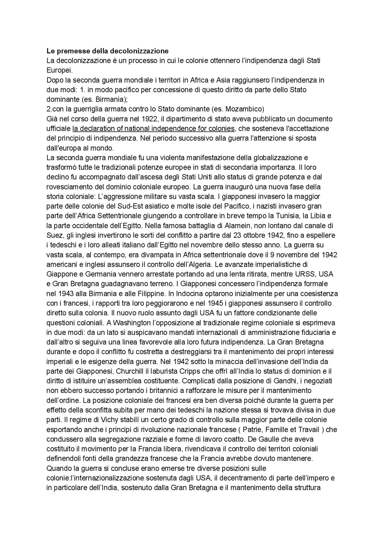 Il Processo Di Decolonizzazione Riassunto Breve Docsity