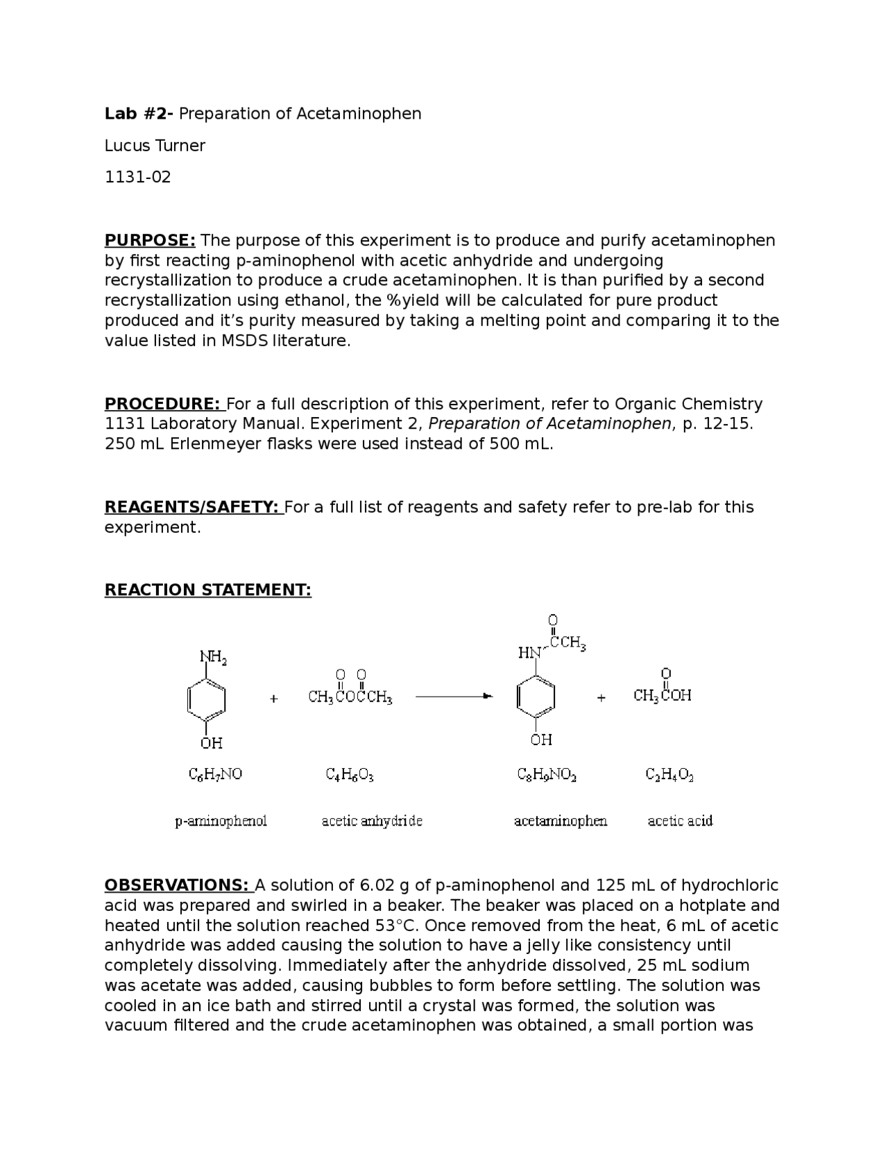 PARACETAMOL LABORATORY PREPARATION | Study notes Chemistry | Docsity