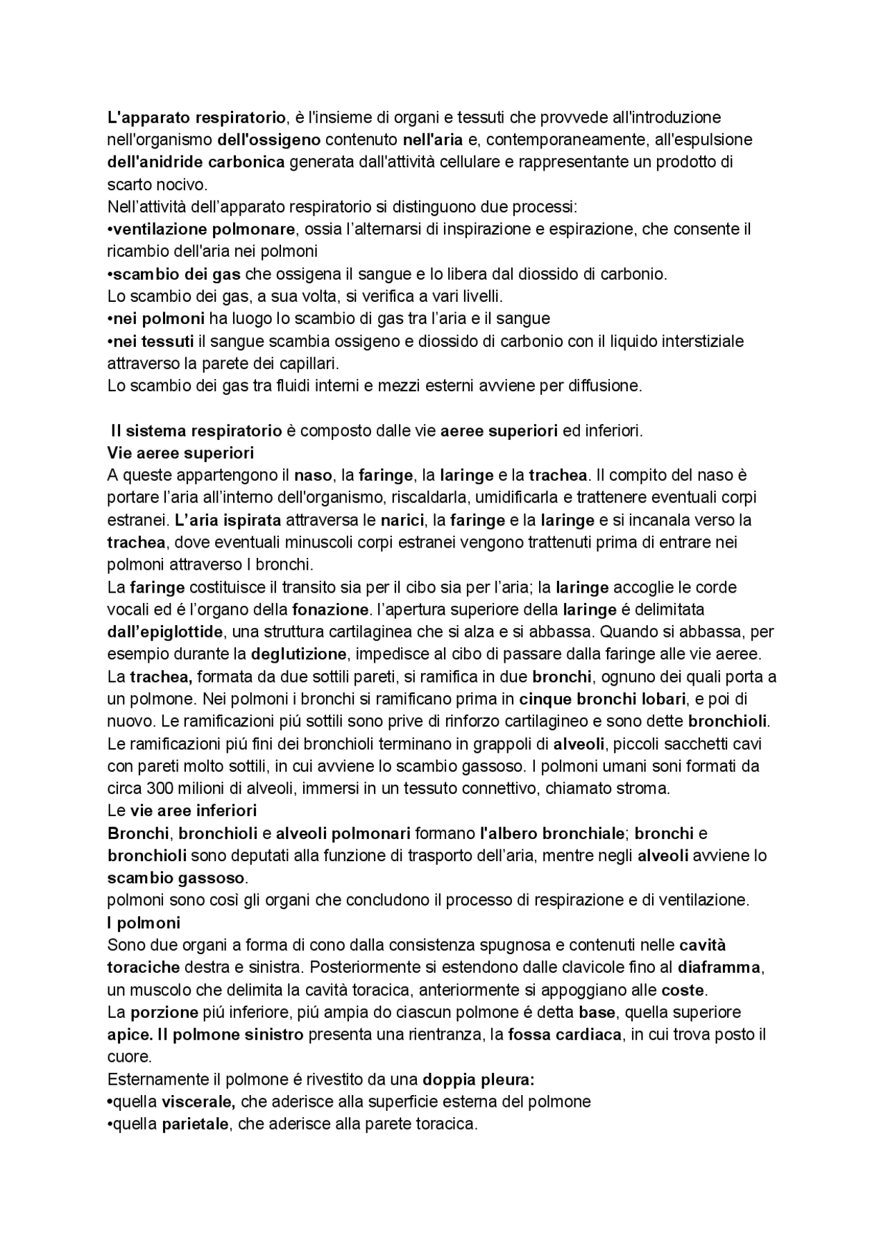 Apparato Respiratorio Sintesi Docsity