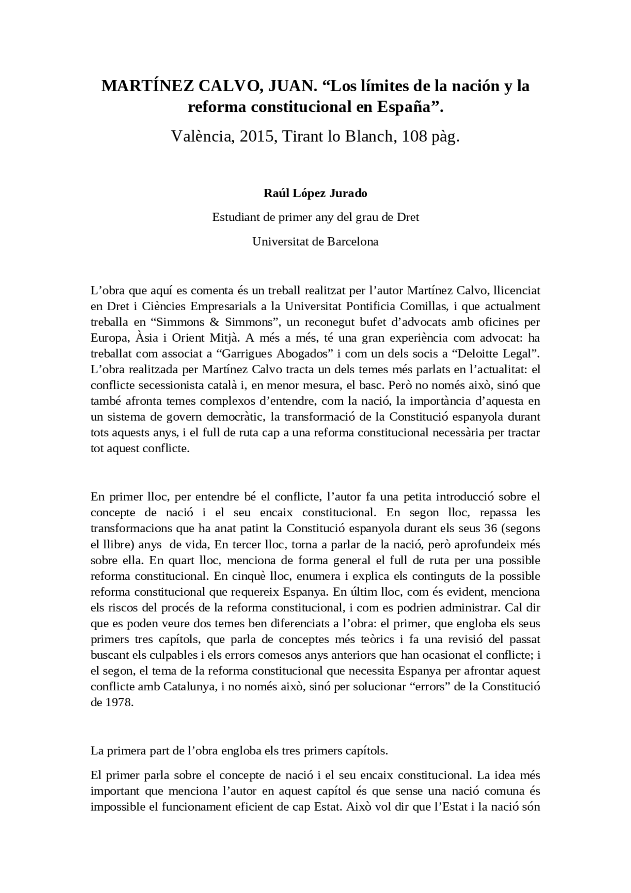 Ejemplo de recensión | Ejercicios de Derecho | Docsity