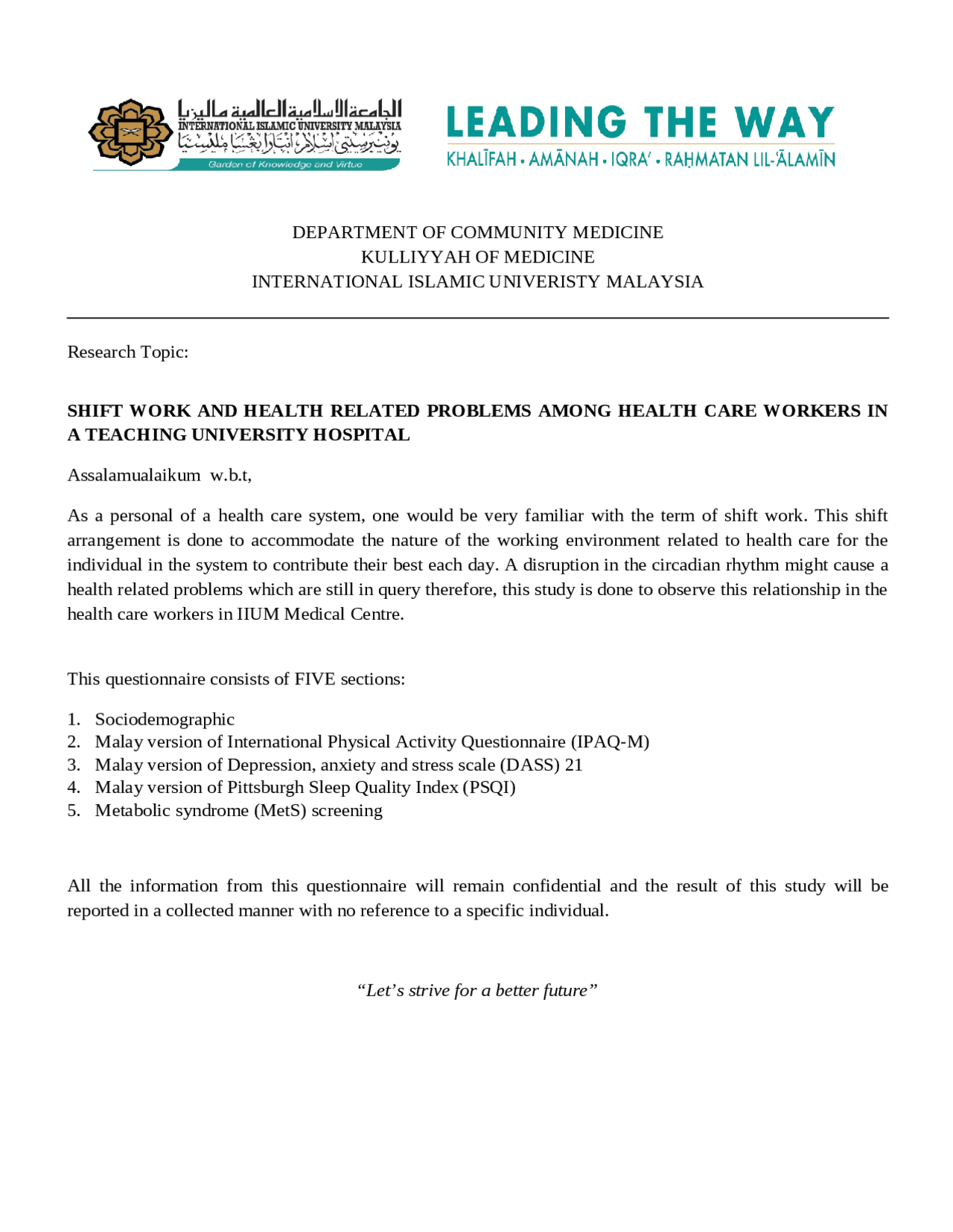 Swan questionnaire for shift work study - Docsity