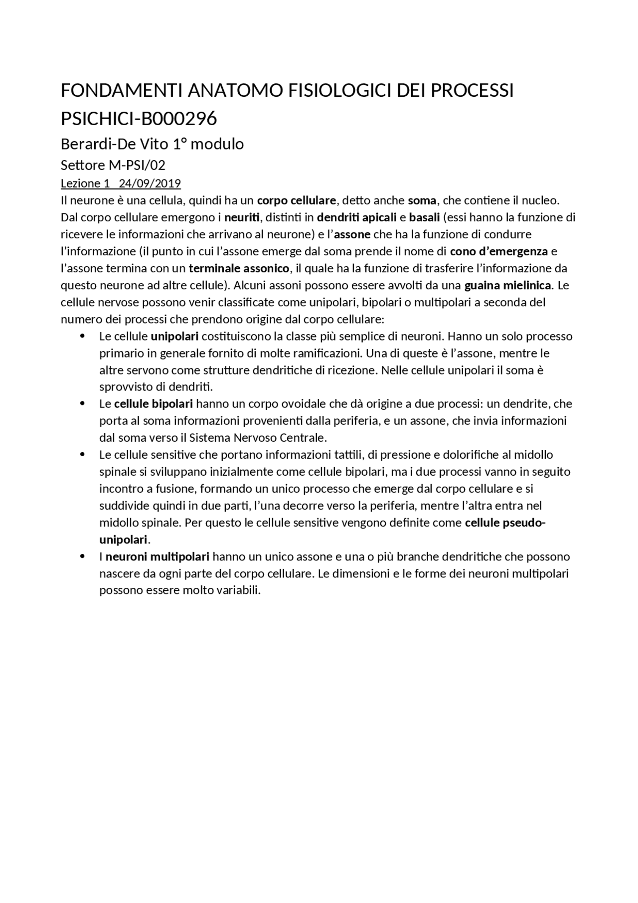 Fondamenti Anatomo Fisiologici Dei Processi Psichici 1° Modulo Docsity