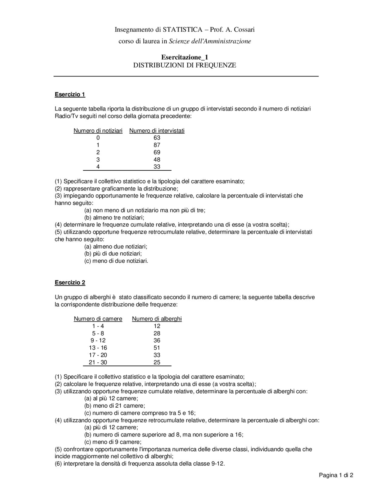 Esercitazioni Statistica Prove Desame Di Statistica Docsity