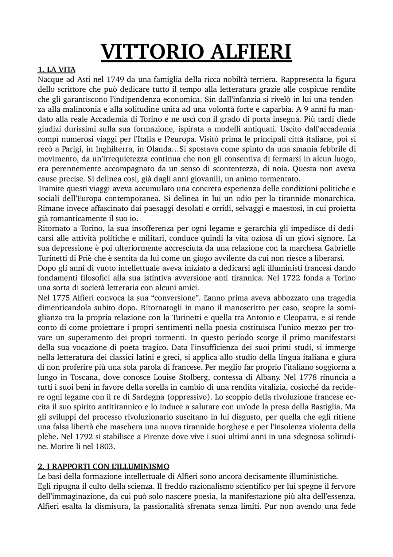 Vittorio Alfieri Vita E Opere Docsity