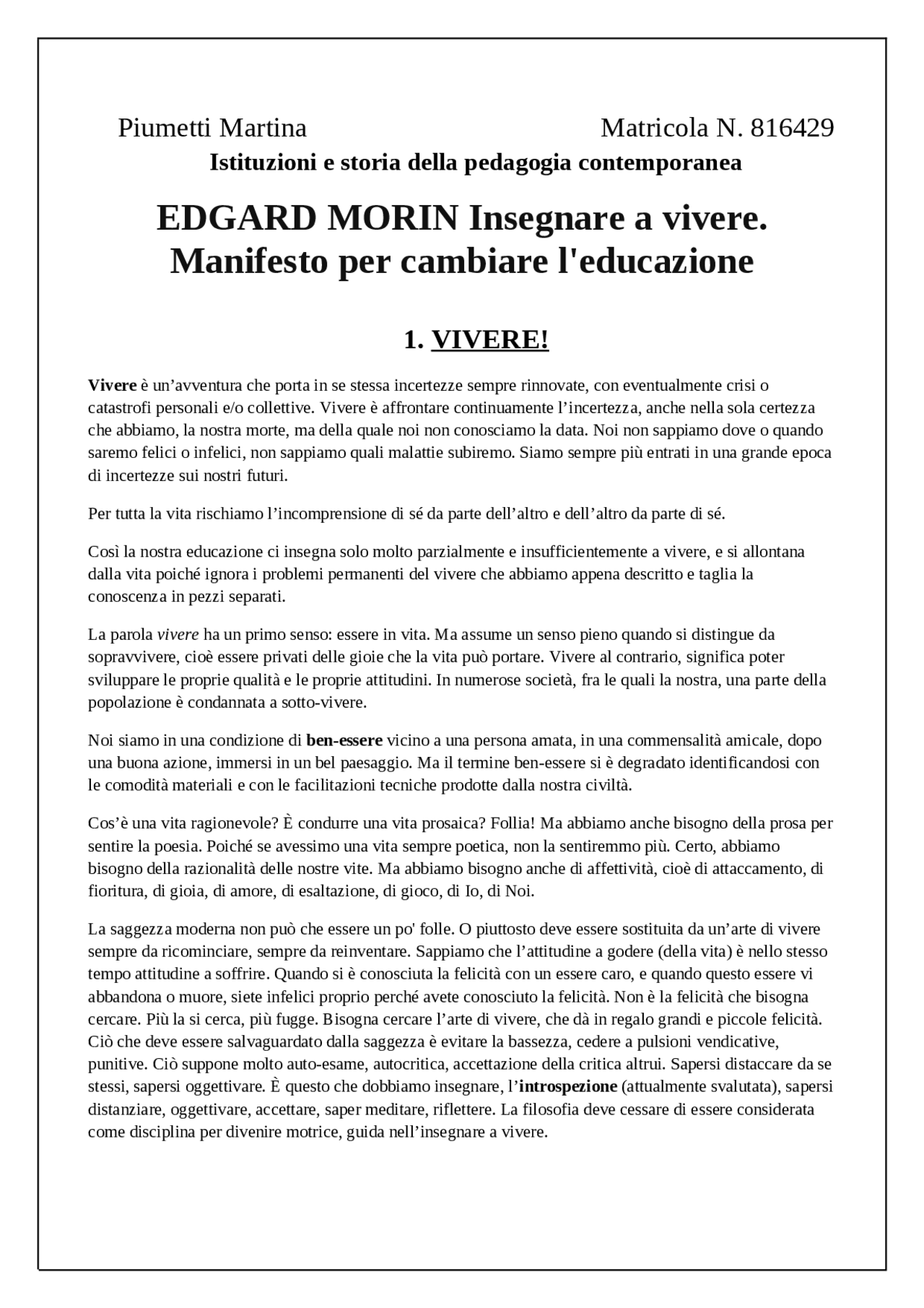 Riassunto Insegnare A Vivere Docsity