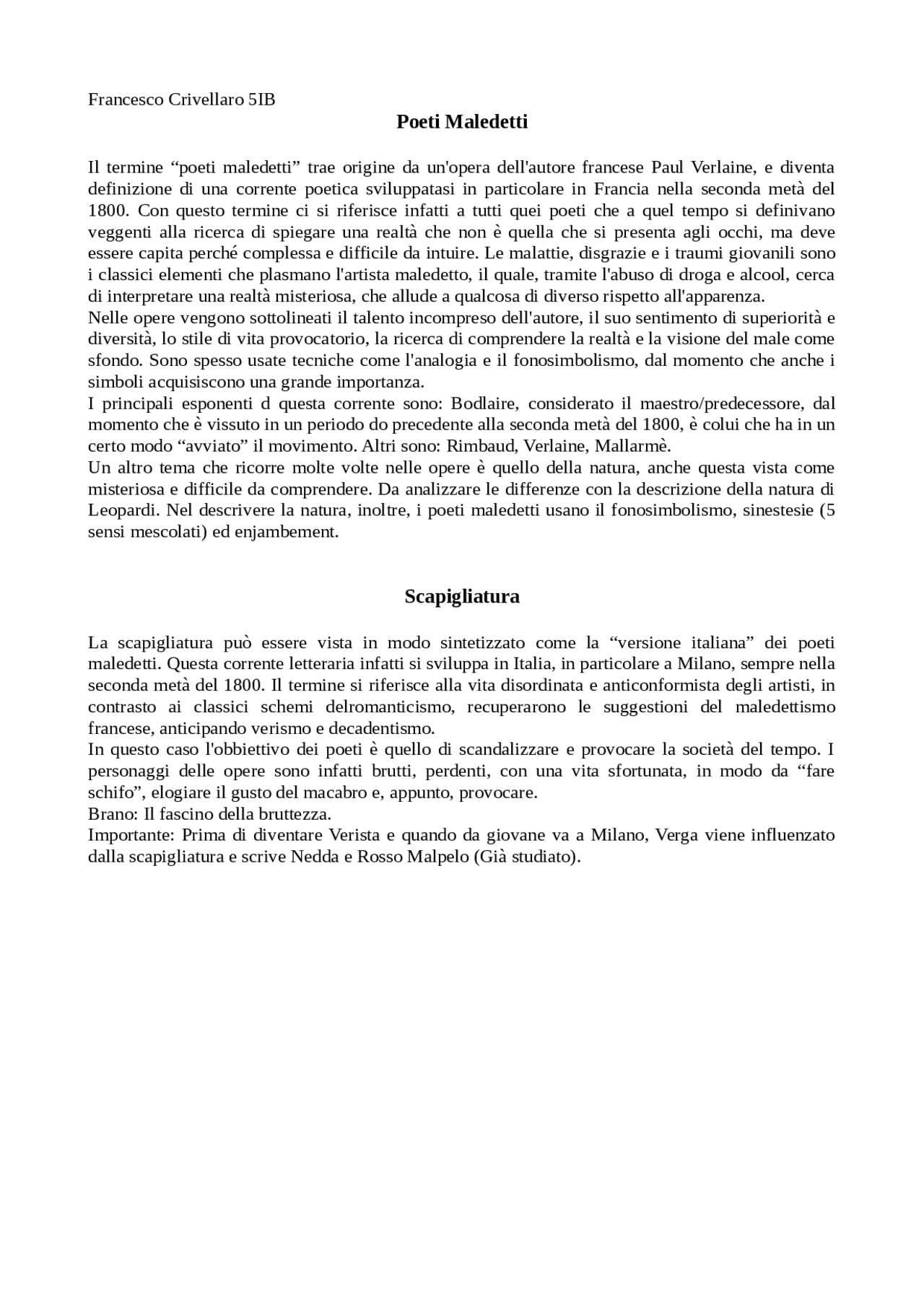 Poeti maledetti e scapigliatura - Docsity