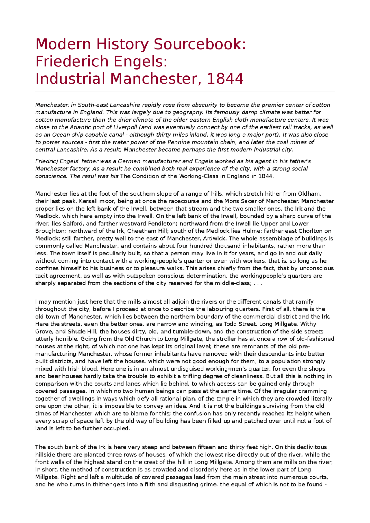 Descrizione di manchester scritta da Engels (testo inglese) - Docsity