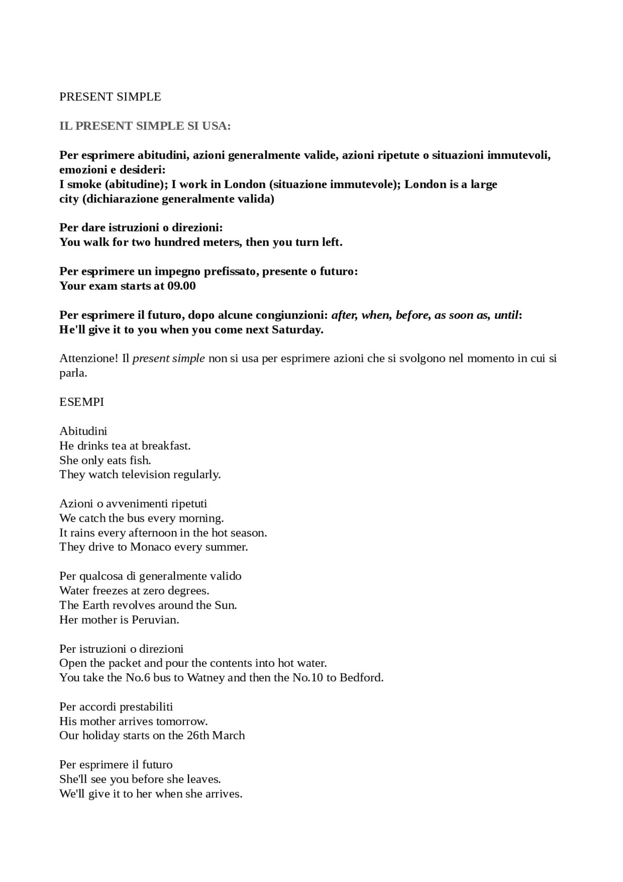 PRESENT SIMPLE - GRAMMATICA INGLESE- SPIEGATO IN ITALIANO | Appunti di Lingua Inglese | Docsity