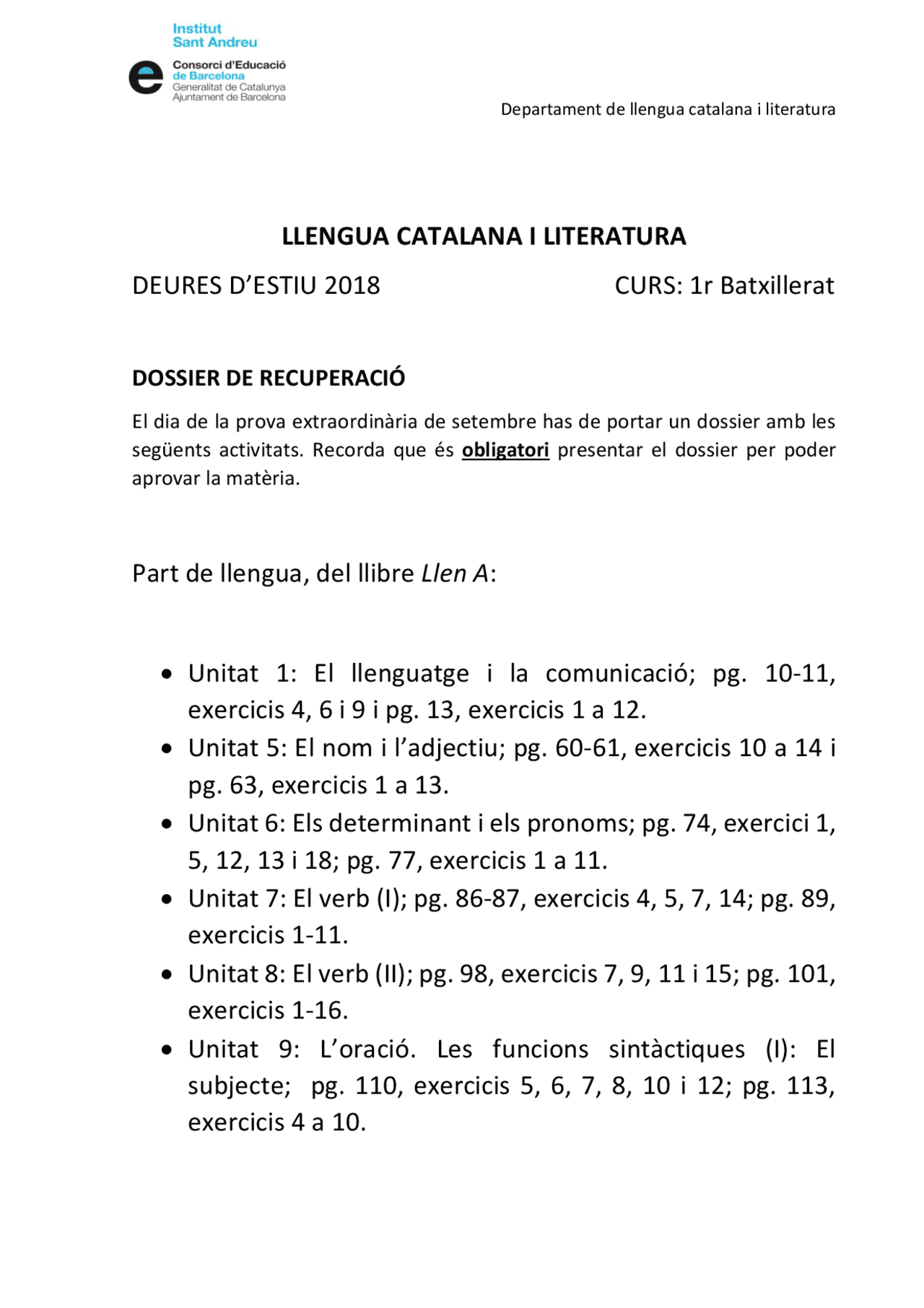Català Primer De Batxillerat Docsity