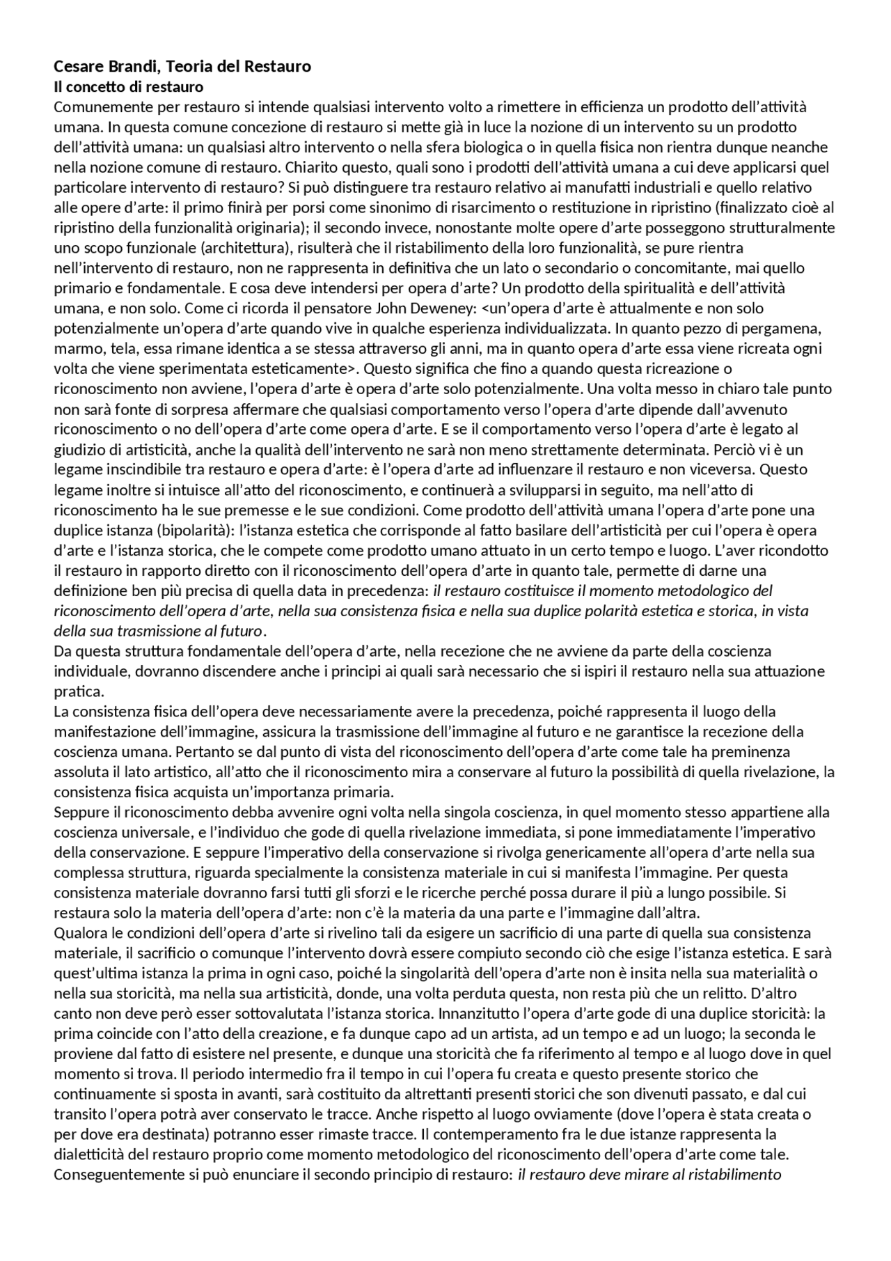 Cesare Brandi, Teoria del Restauro - Docsity