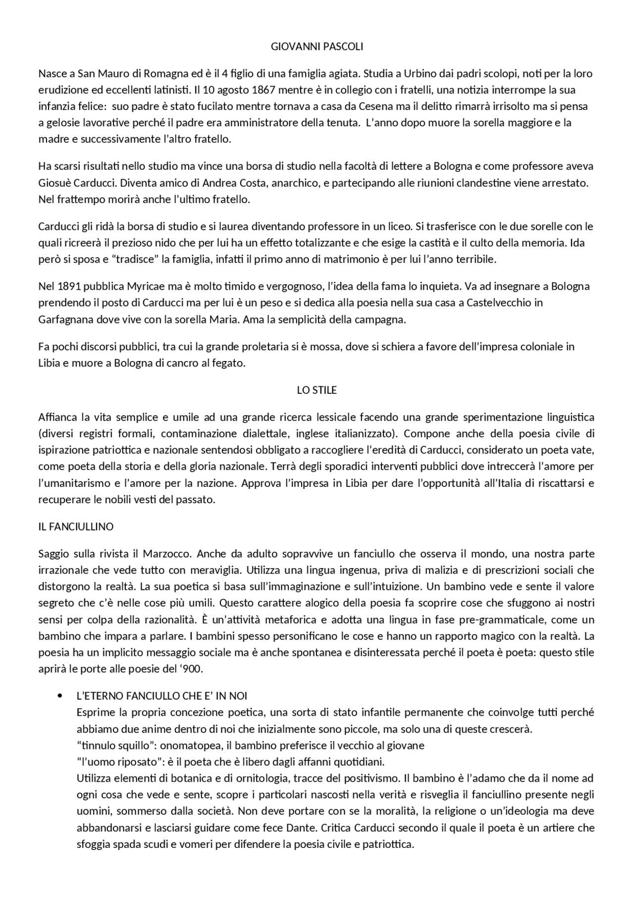 Giovanni Pascoli Vita E Opere Docsity