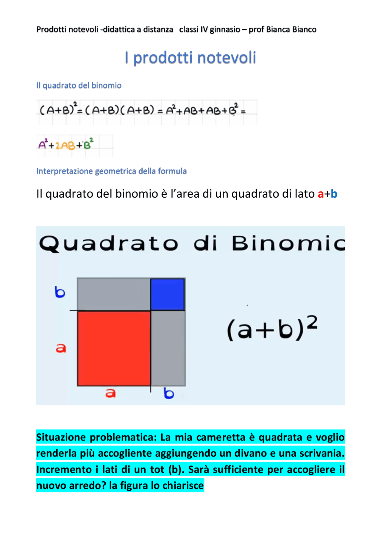 Prodotti notevoli e interpretazione geometrica - Docsity