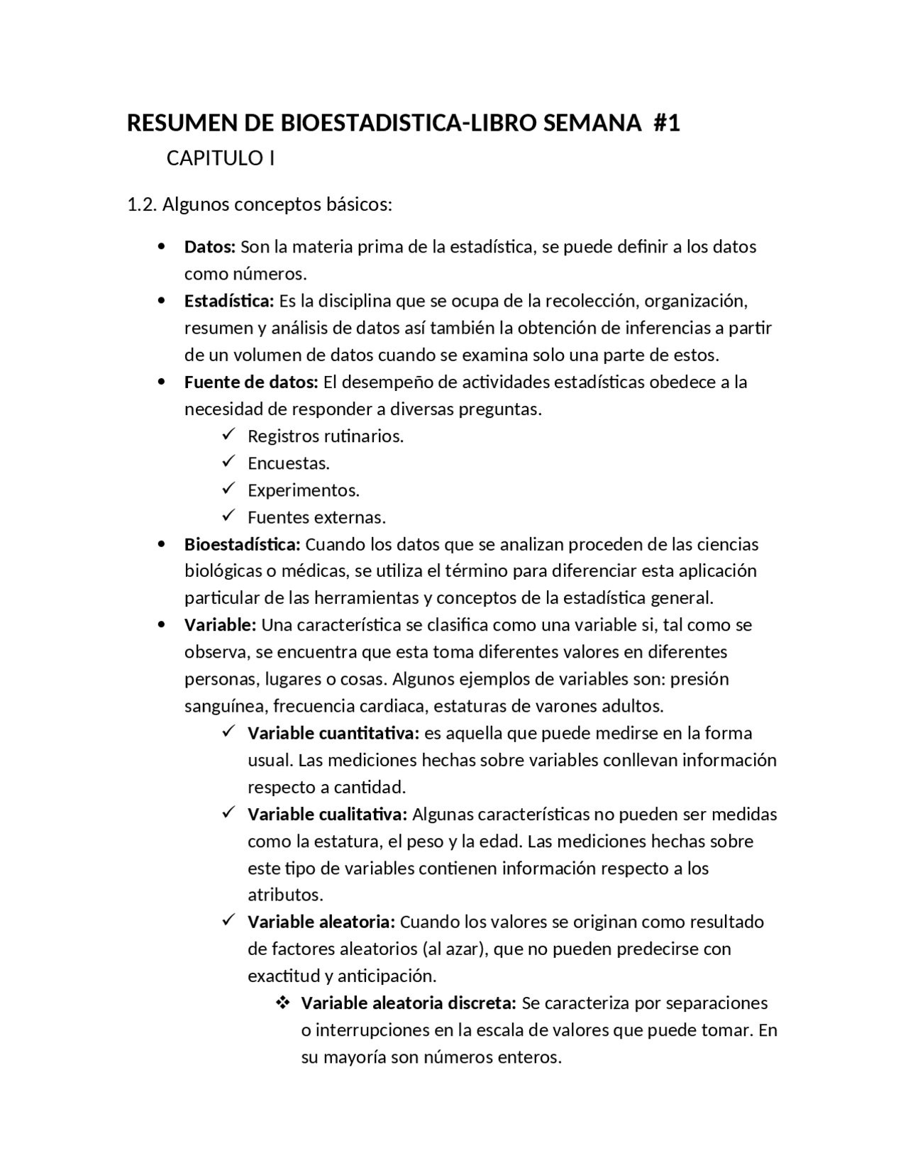 Resumen Bioestadística Semana 1 Docsity