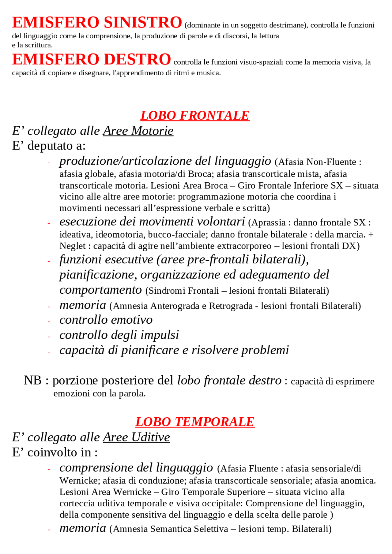 Schema Delle Principali Funzioni Cognitive Suddivise Per Aree Cerebrali