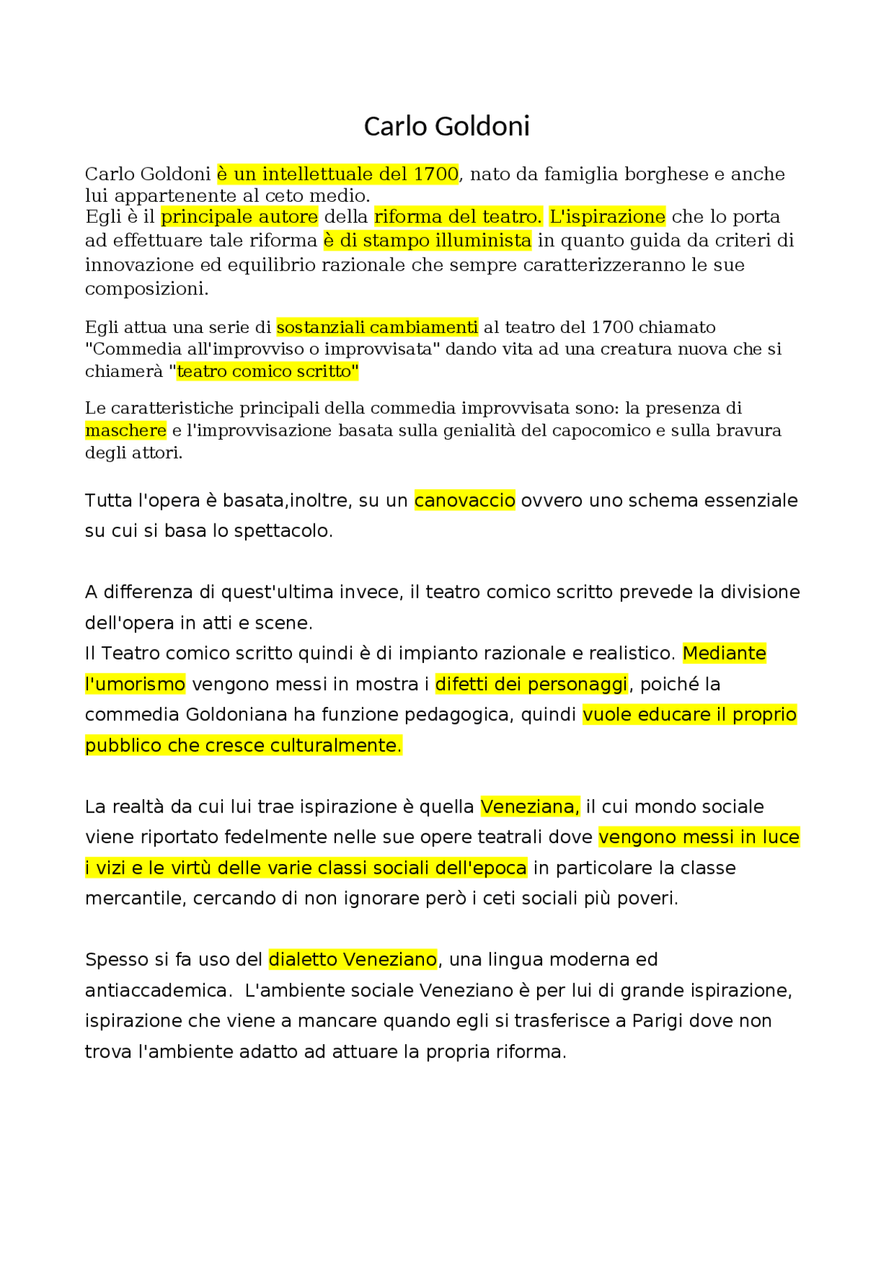 Carlo Goldoni Vita Docsity