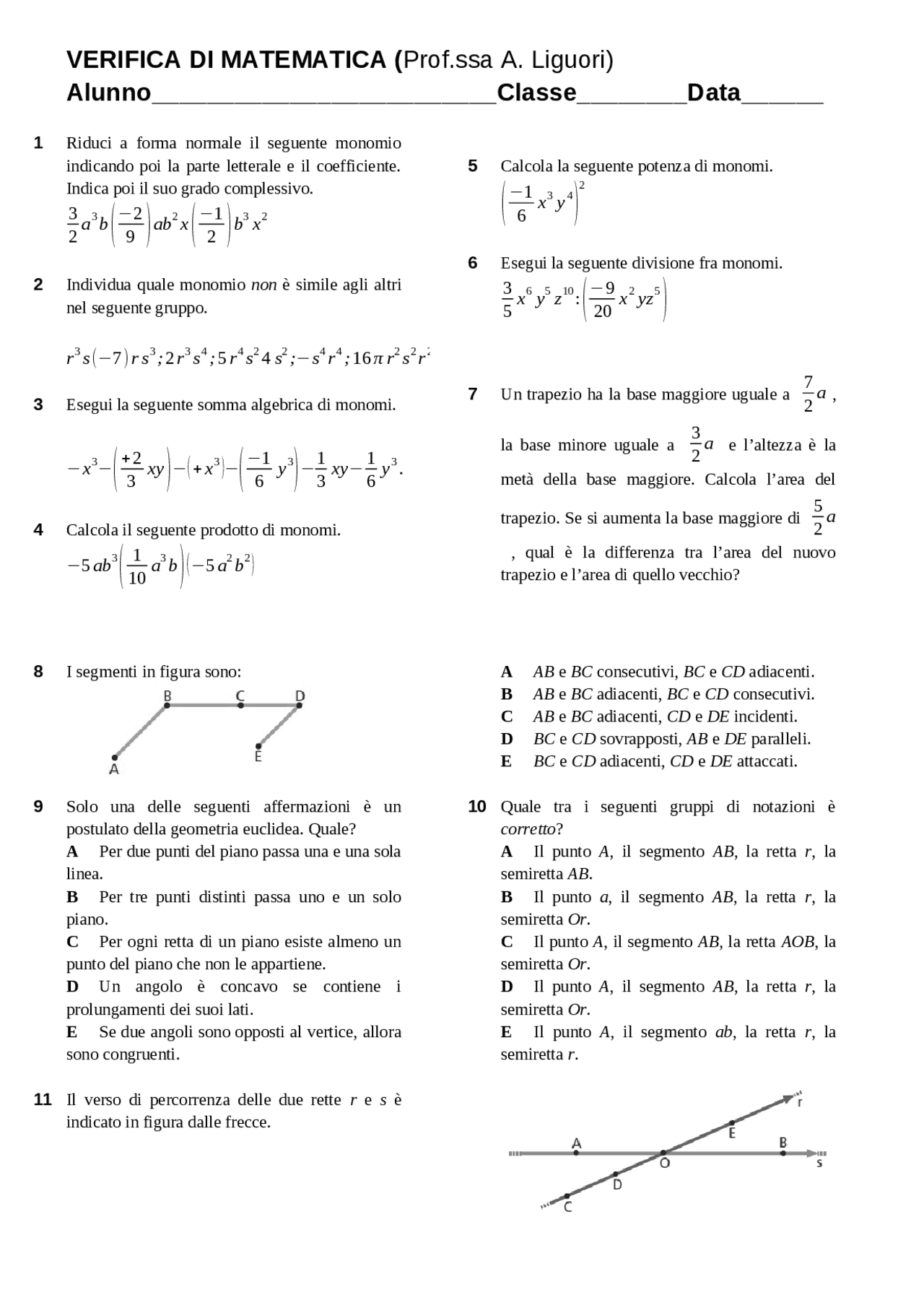 Tipologia di compito in classe di matematica | Ejercicios de Complementi di matematica | Docsity