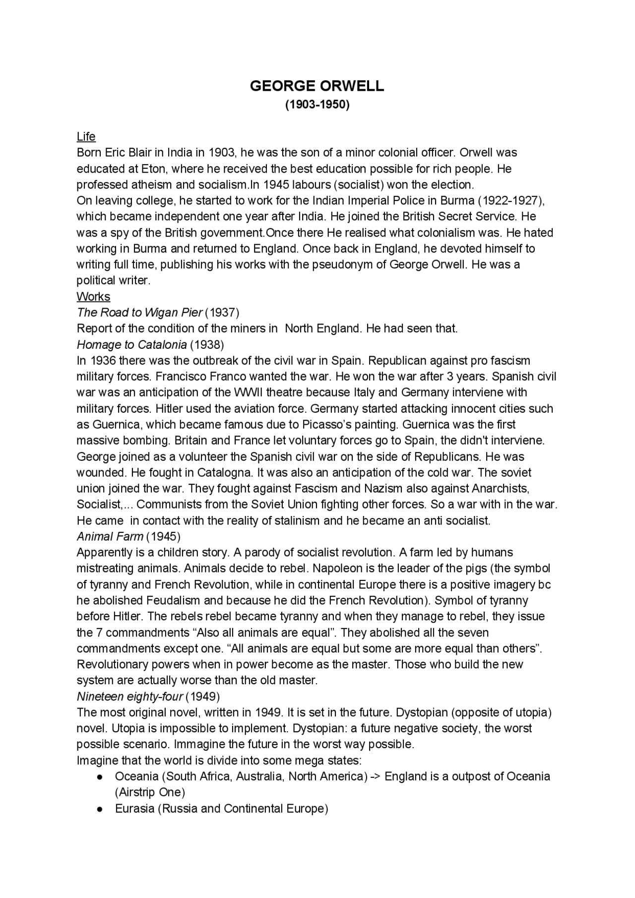 George Orwell, life and works - Docsity