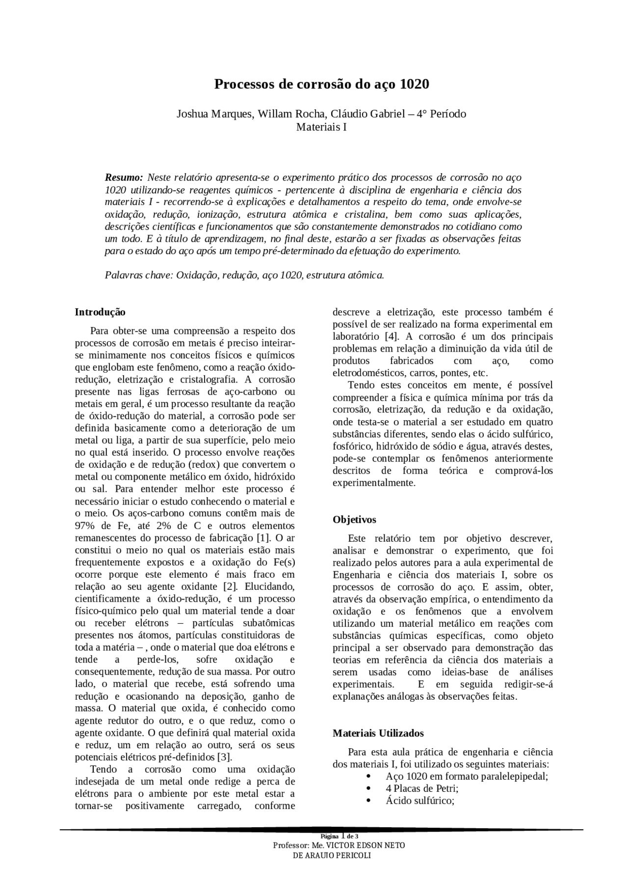 Relatório De Corrosão Do Aço Appunti Materials Physics Docsity