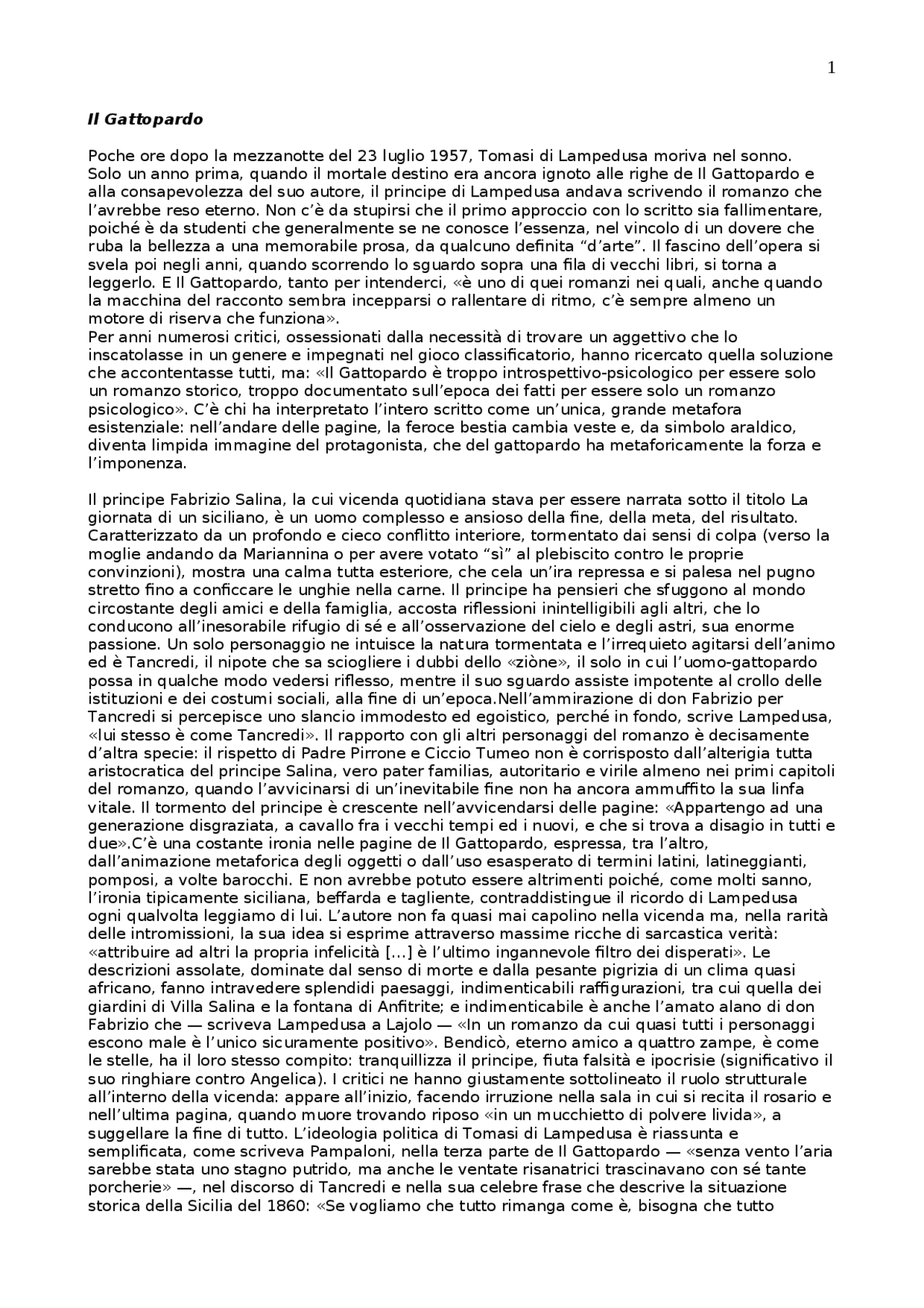 Breve Sintesi De Il Gattopardo Docsity