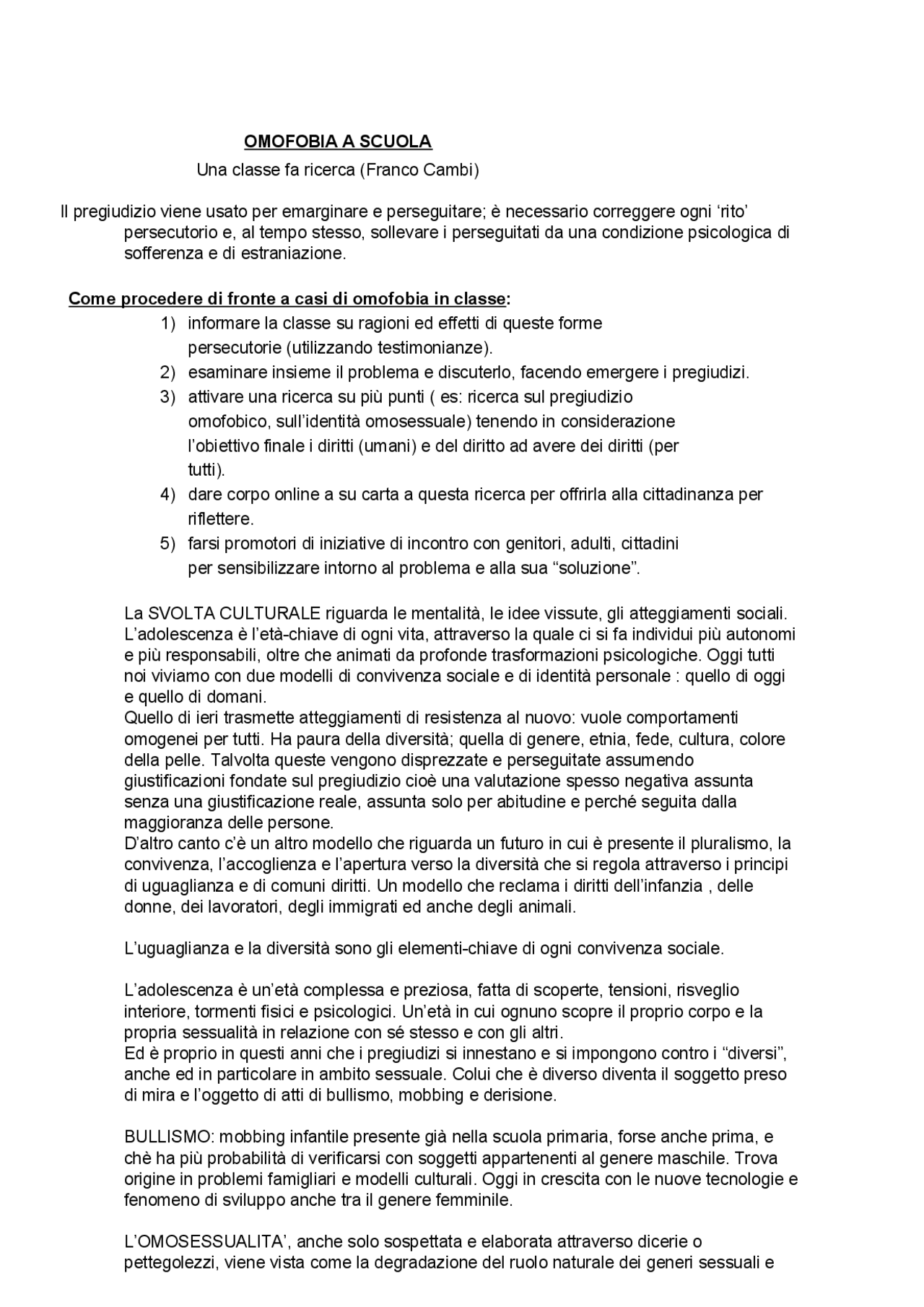 Omofobia A Scuola Una Classe Fa Ricerca Docsity