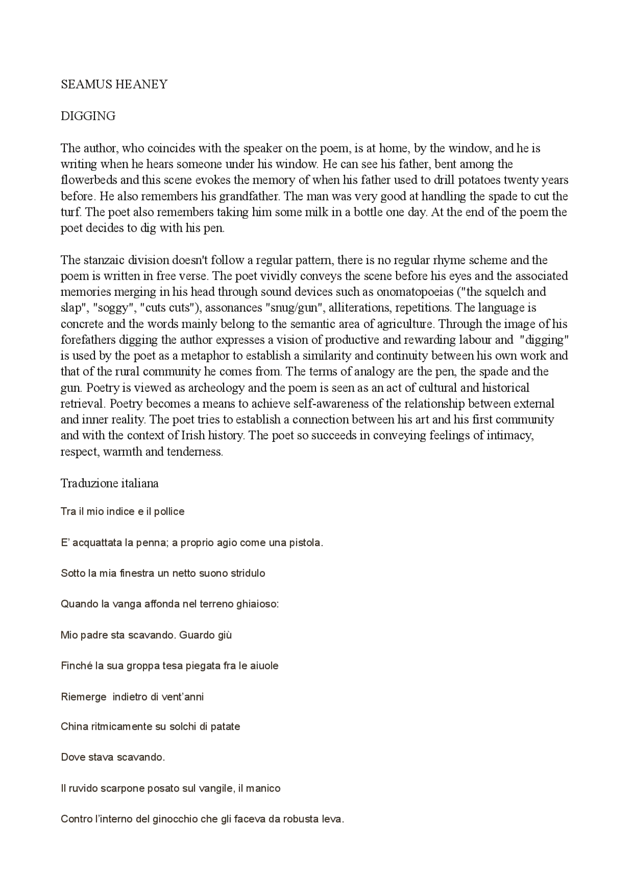 Seamus Heaney digging - Docsity