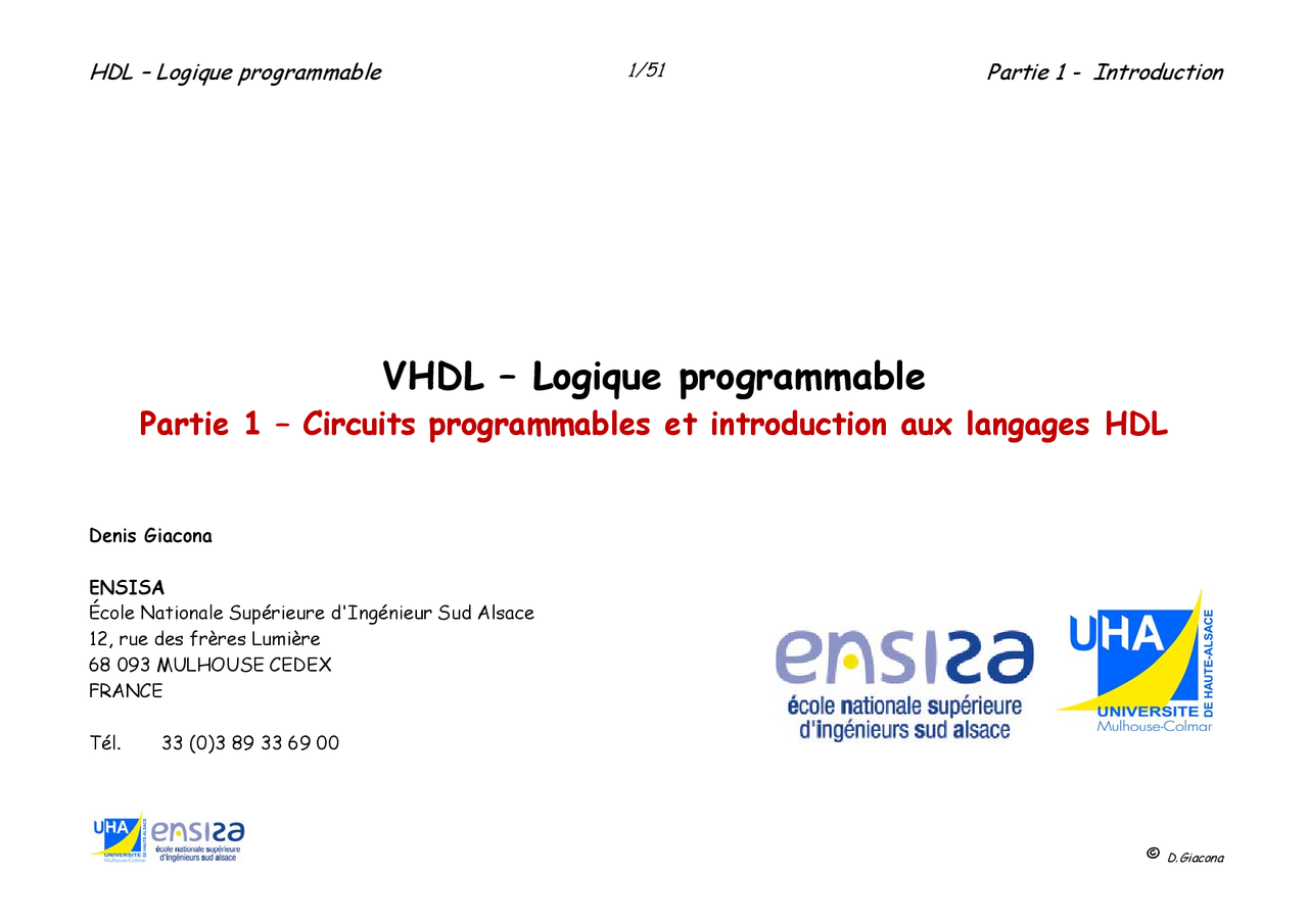 VHDL GIACONA COUR PREPARATION ET INITIATION AU LANGAGE DE PROGRAMMATION DES FPGA - Docsity